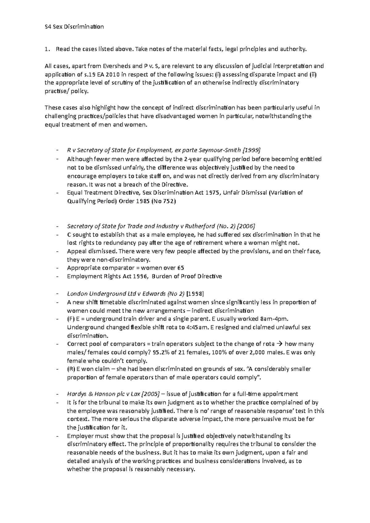 S4 Sex Discrimination Read The Cases Listed Above Take Notes Of The