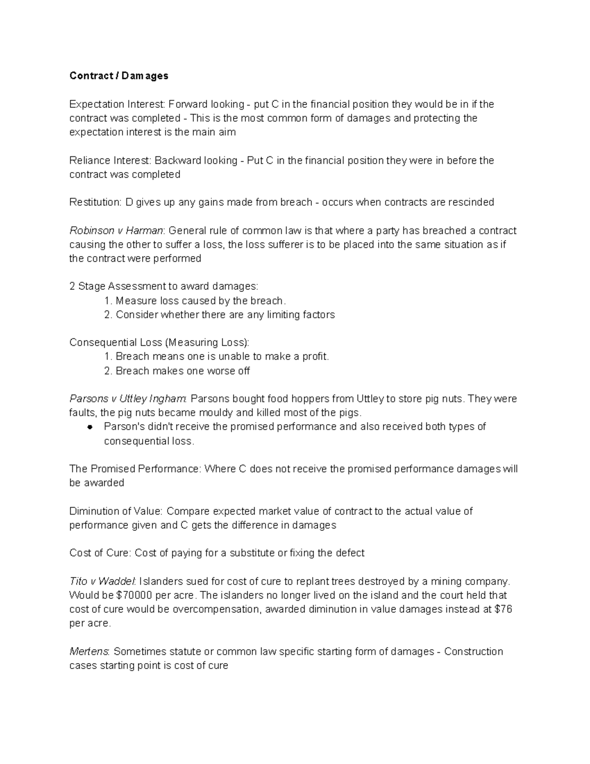 Contract Damages - Contract / Damages Expectation Interest: Forward ...