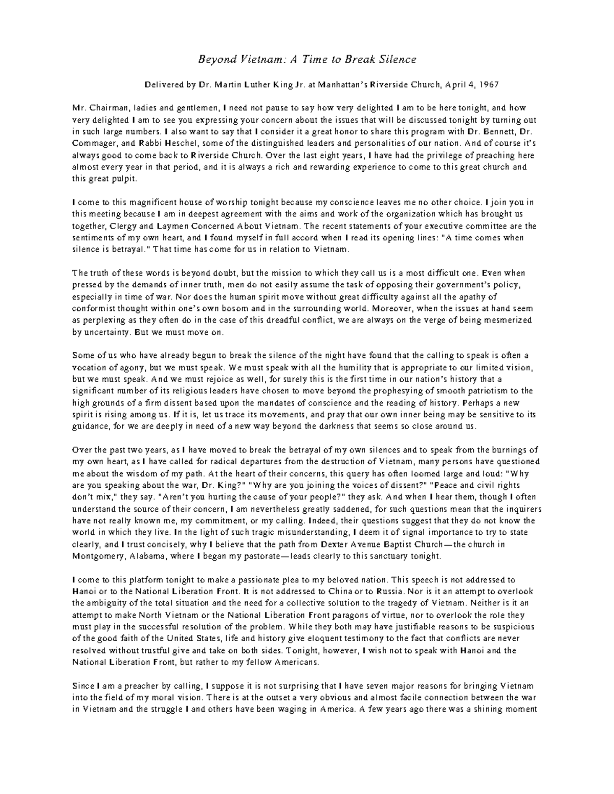 17. MLK Beyond Vietnam - Beyond Vietnam: A Time to Break Silence ...