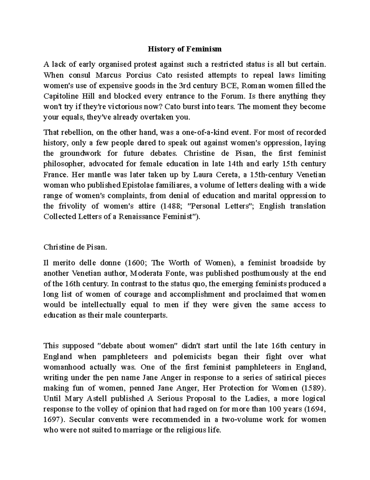 History of Feminism - Lecture notes 1 - History of Feminism A lack of ...