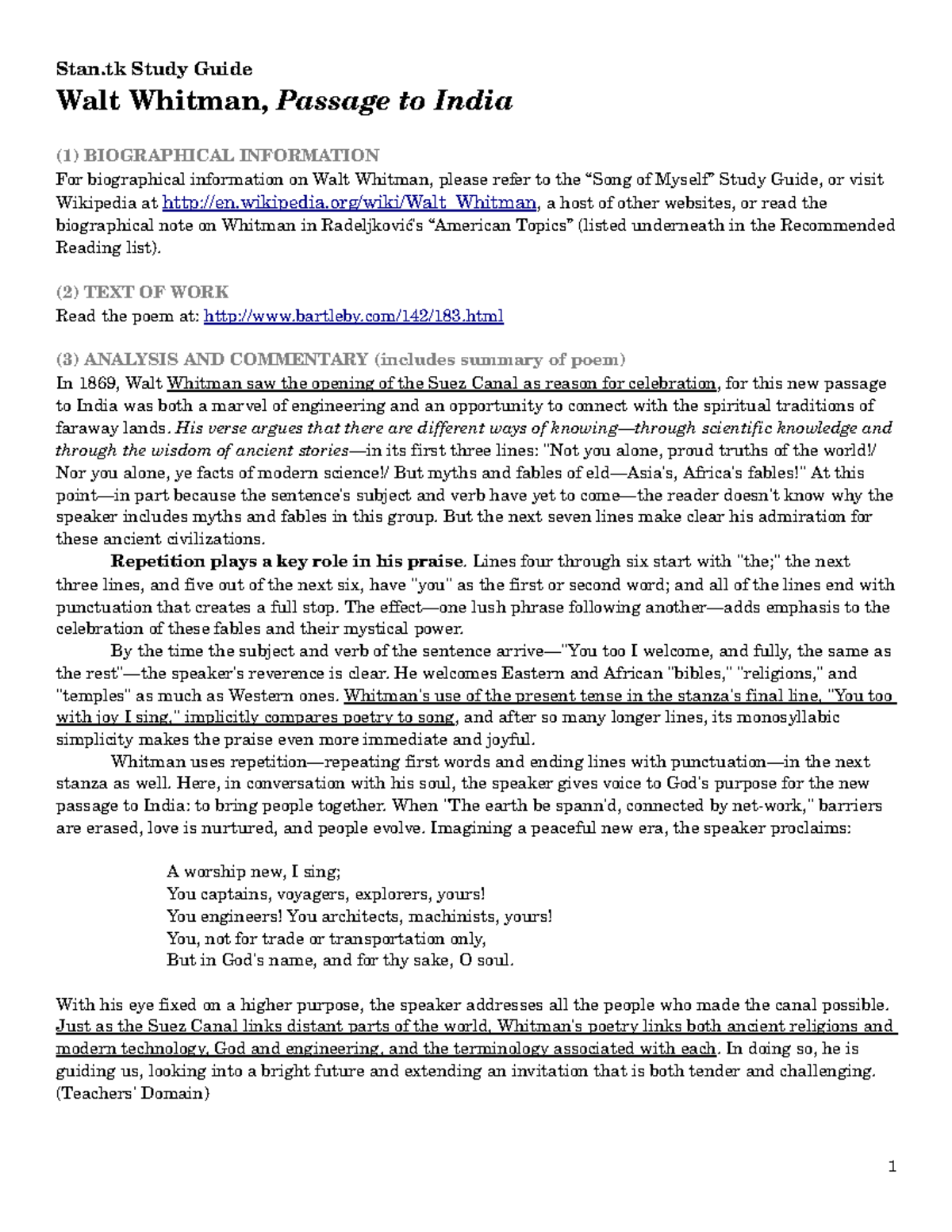 Sg whitman passage to india 1 - Stan Study Guide Walt Whitman, Passage ...