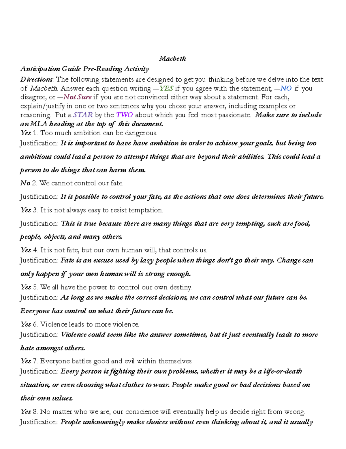 Macbeth Anticipation Guide - Macbeth Anticipation Guide Pre-Reading ...