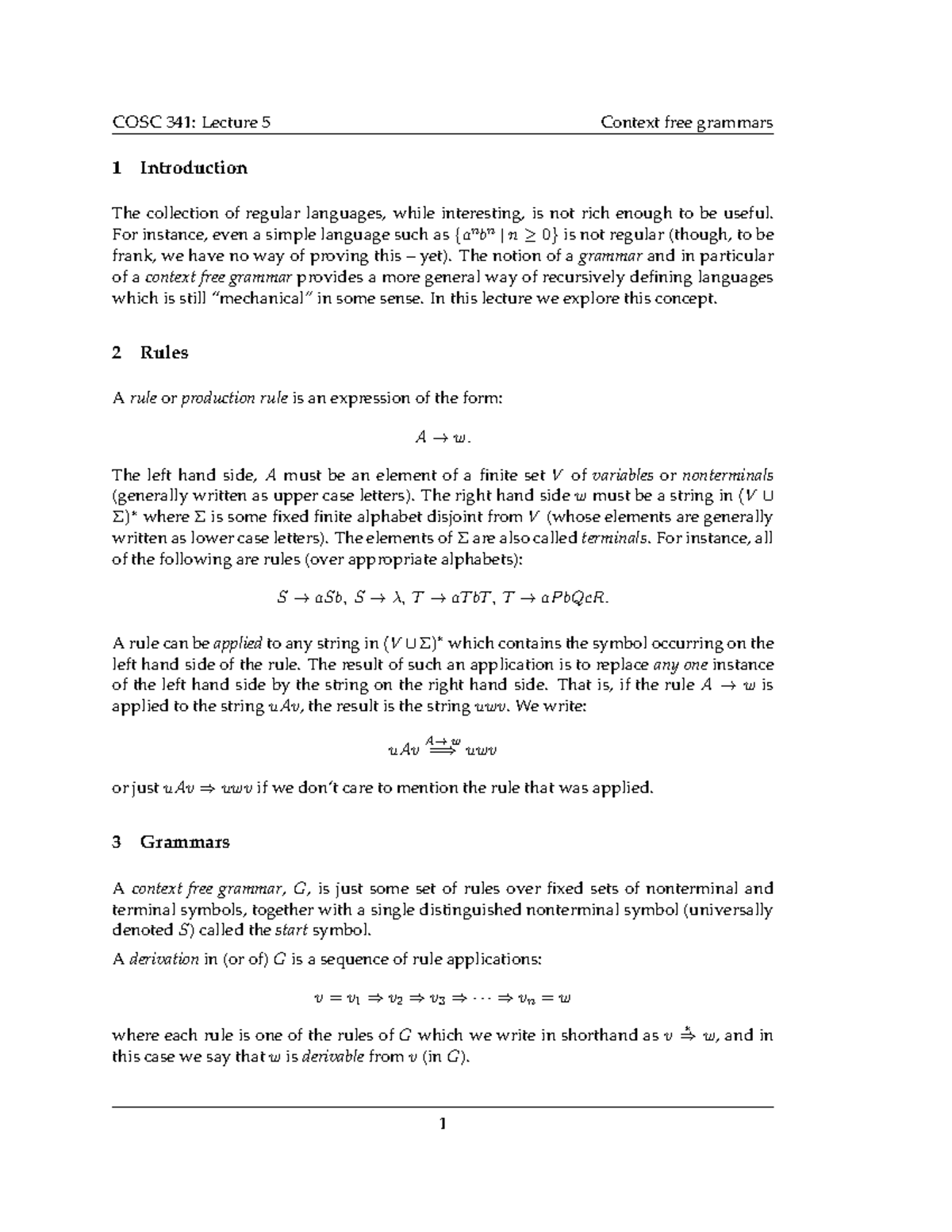 Cosc341 2017 Lecture 5 Context Free Grammars 1 Introduction The Collection Of Regular