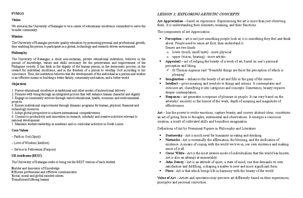 Art Appreciation - Reviewer. - PVMGO Vision We envision the University ...