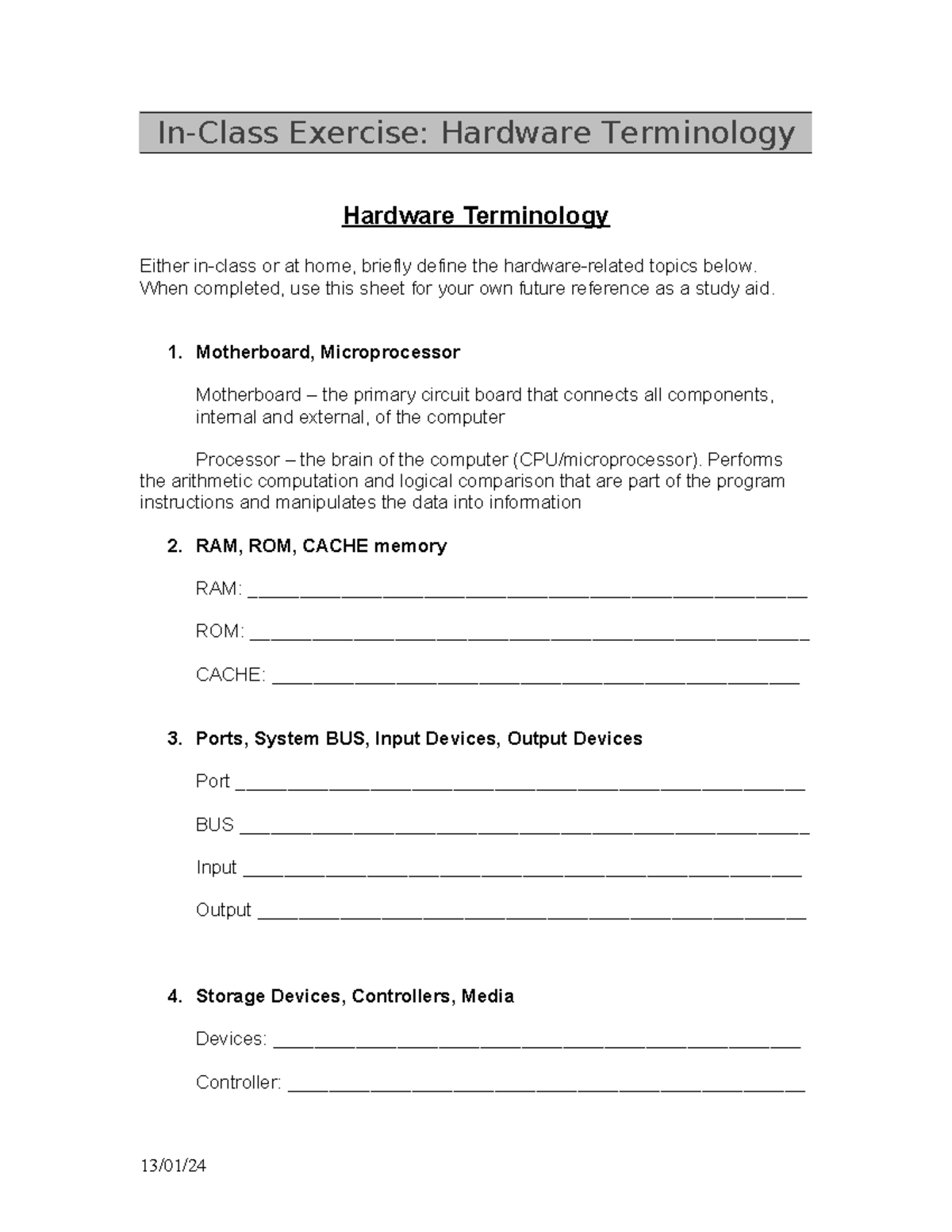 In-Class Exercise - Terminology - In-Class Exercise: Hardware Terminology Hardware Terminology ...