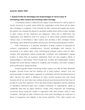 HRM QUIZ 1 - Essays on Human Resources management - QUIZ # 1: ESSAY ...