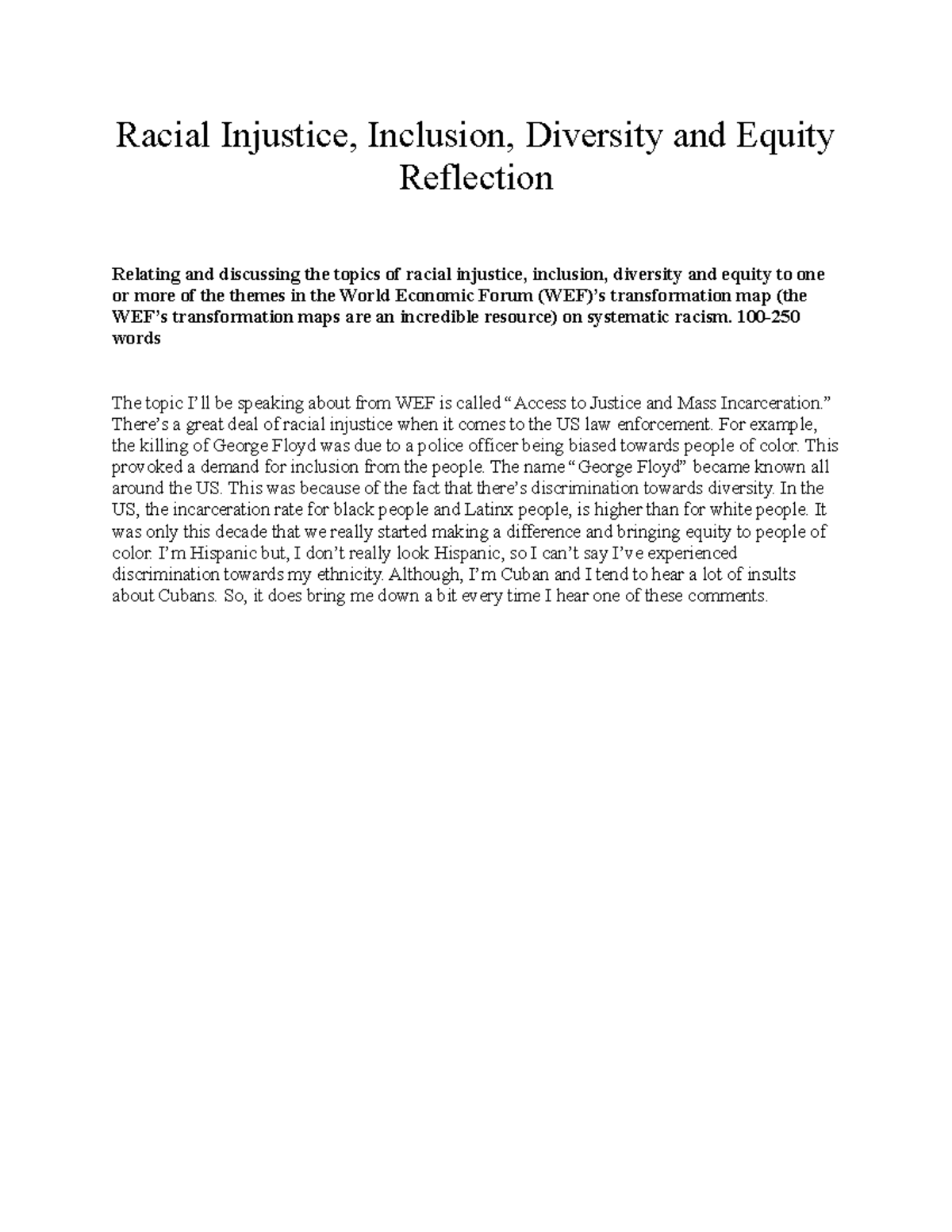 Racial Injustice, Inclusion, Diversity and Equity Reflection - Racial ...