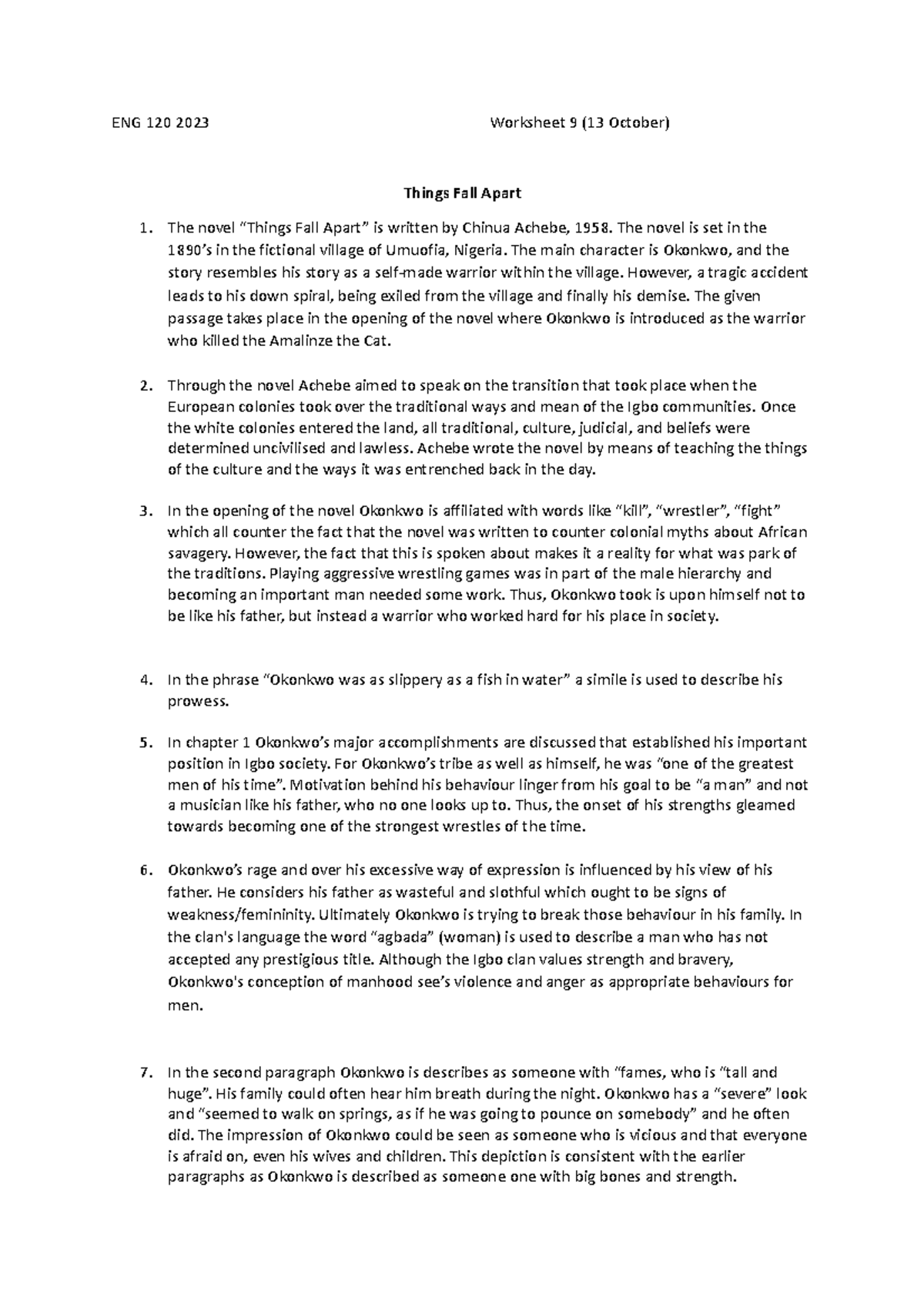 Worksheet 9 -u16134894 - ENG 120 2023 Worksheet 9 (13 October) Things ...