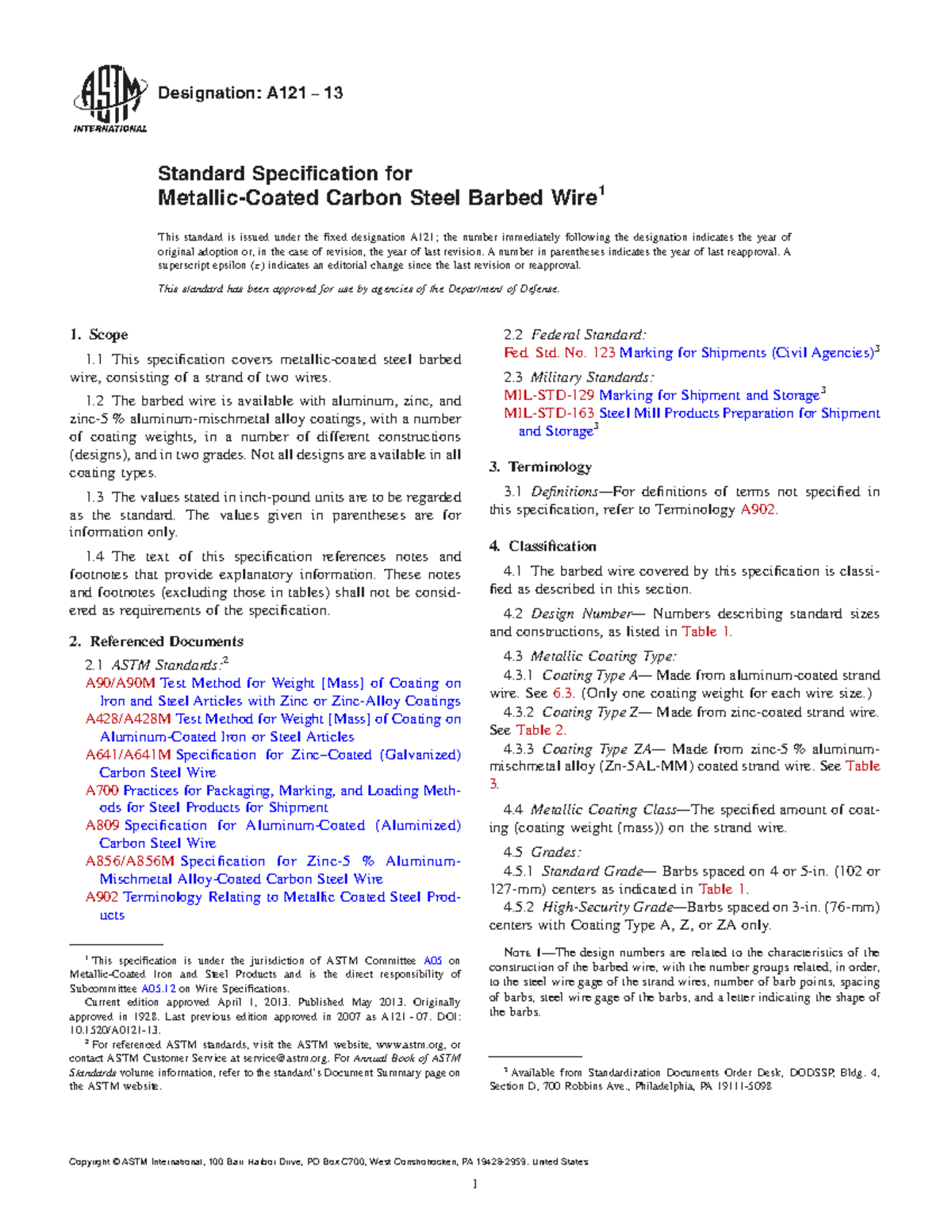 A121-13 Standard Specification for Metallic-Coated Carbon Steel Barbed ...