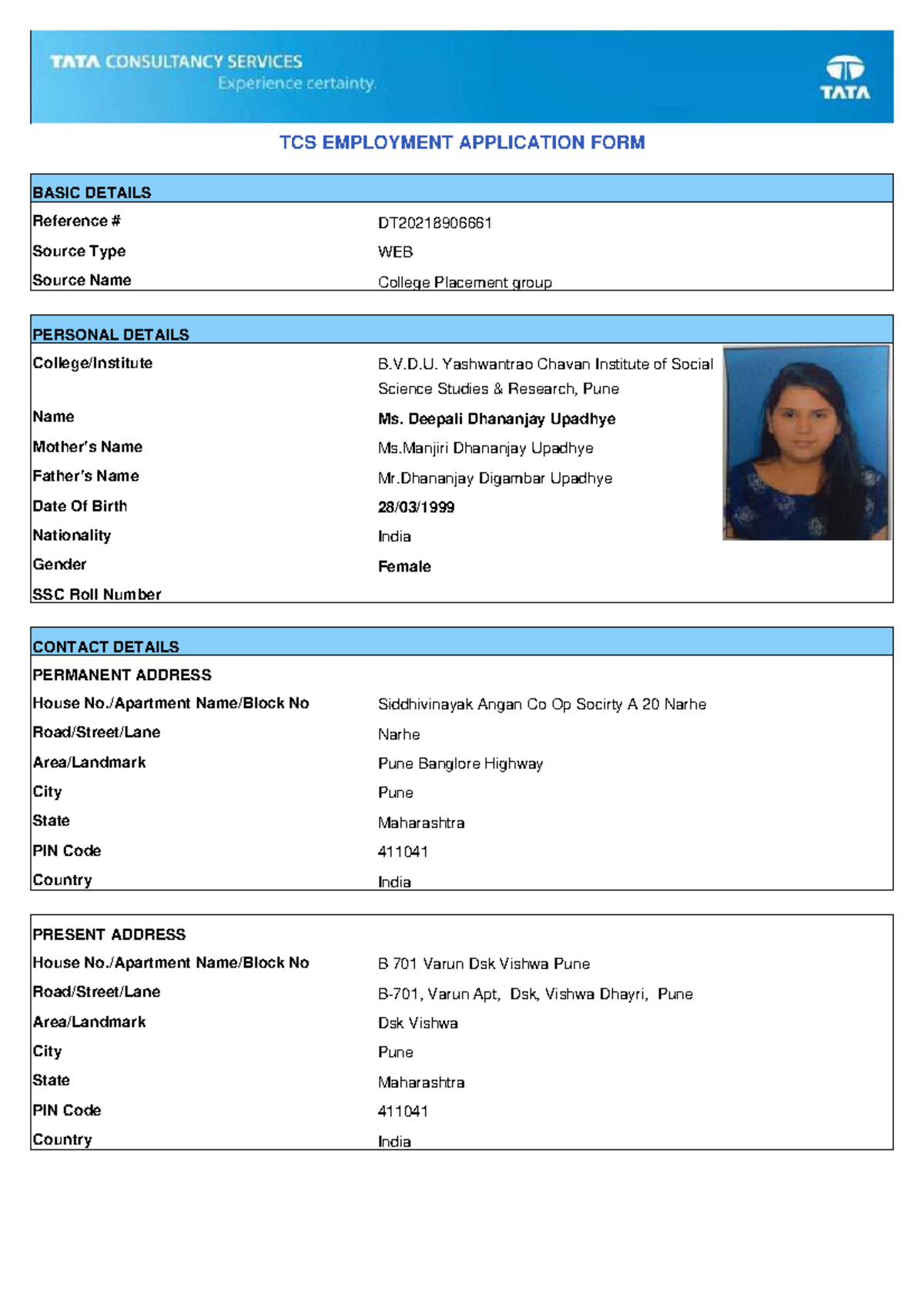 DT20218906661 Application TCS EMPLOYMENT APPLICATION FORM BASIC