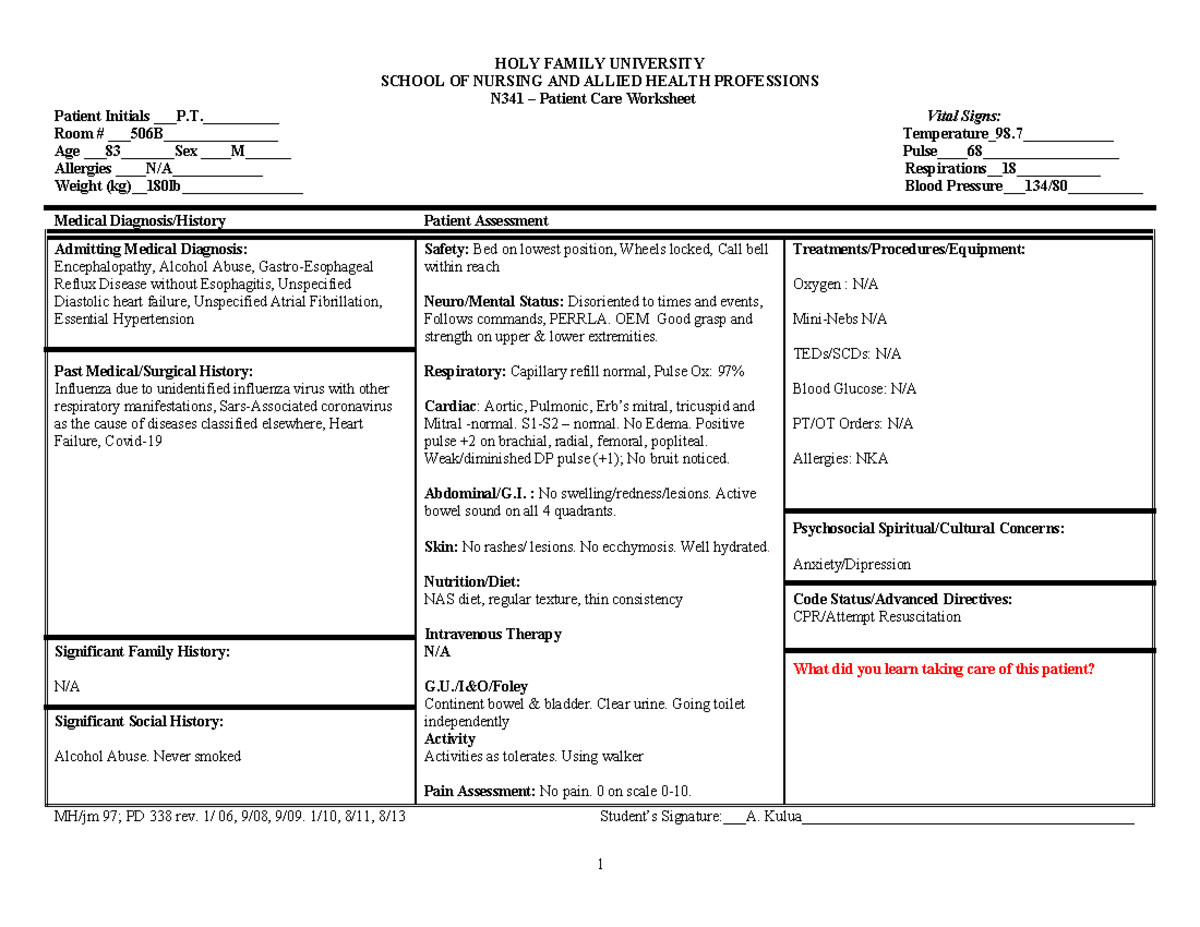 NUFT341 Patient Care Worksheet - P - HOLY FAMILY UNIVERSITY SCHOOL OF ...
