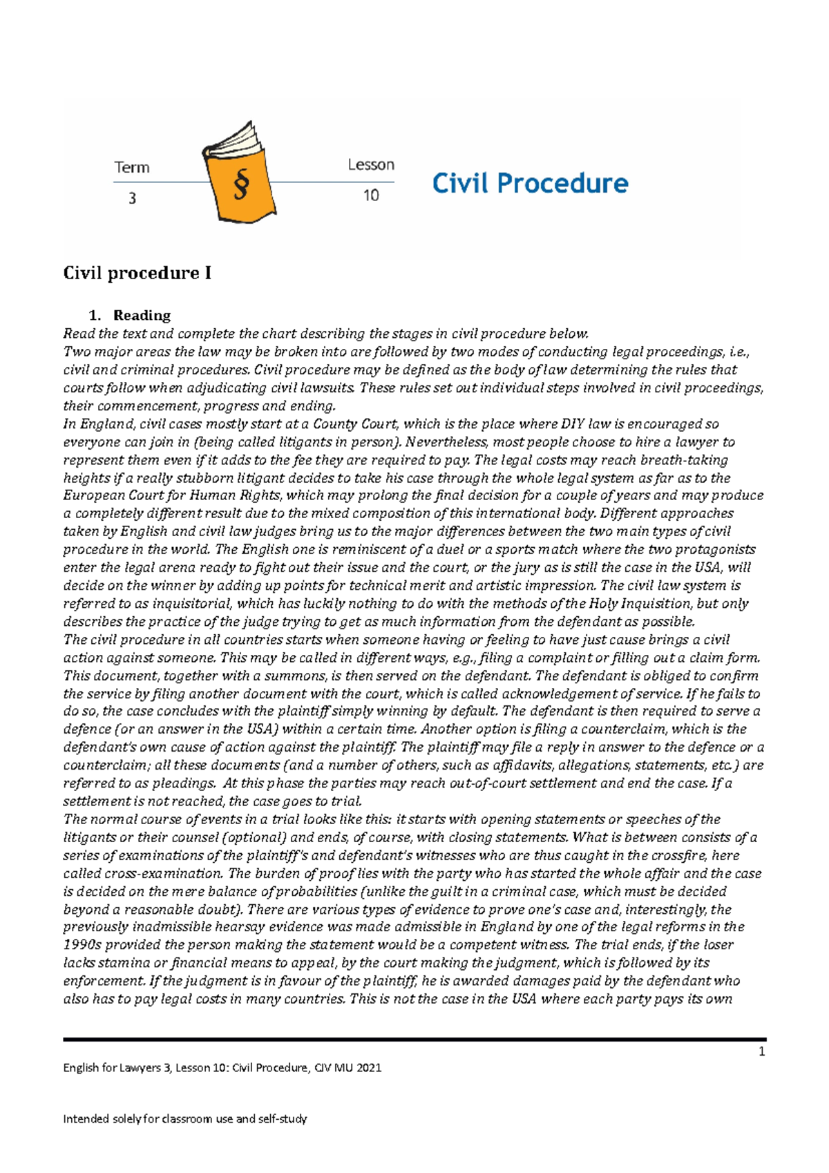 Lesson 10 Civil Procedure - Civil procedure I Reading Read the text and ...