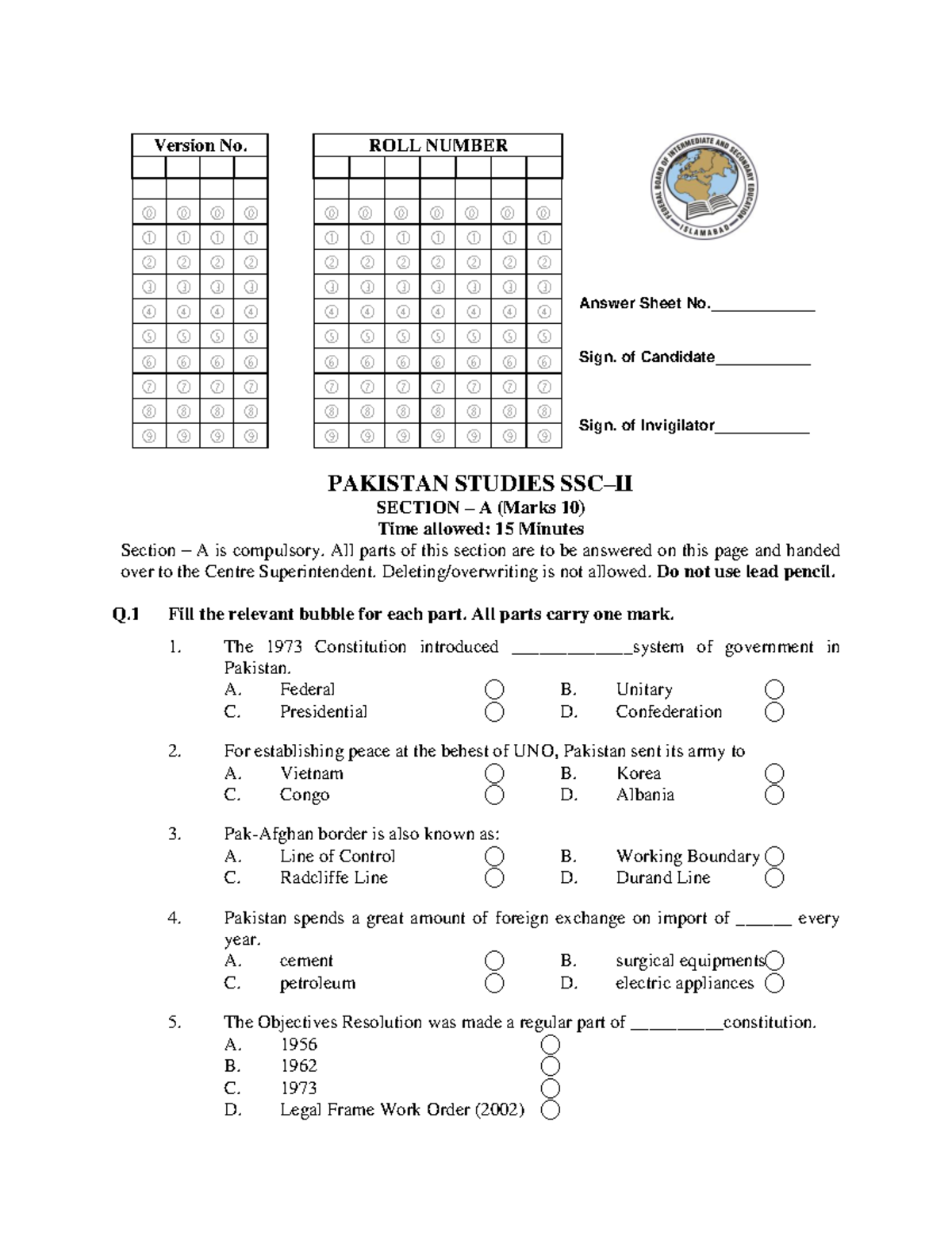 Final SSC-II Pakistan Studies Model Paper - Version No. ⓪ ⓪ ⓪ ⓪ ① ① ① ① ...