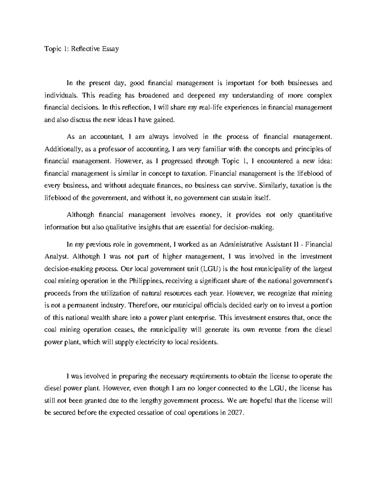 Topic 1 - Reflective Essay - Financial Management Introduction - Topic ...