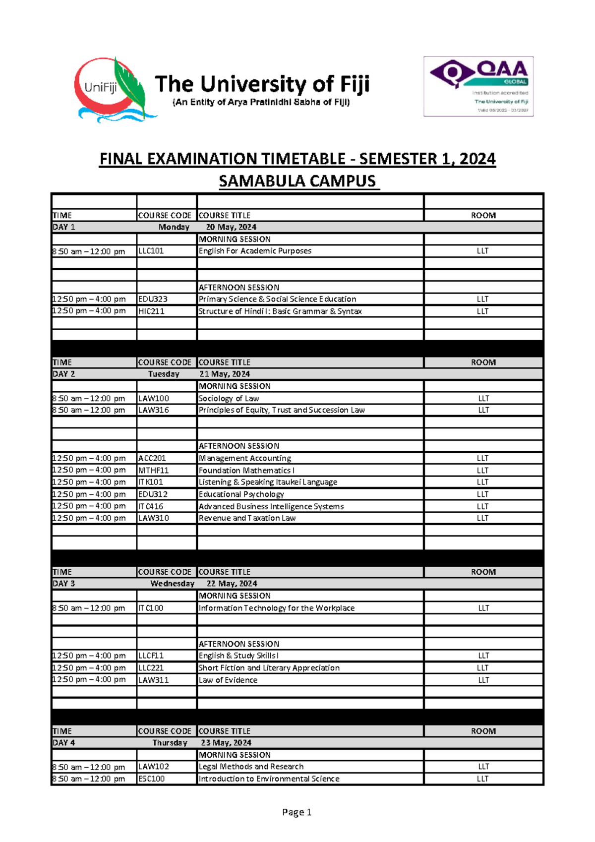 Final Examination Timetable Semester 1 2024 Samabula Campus - TIME ...