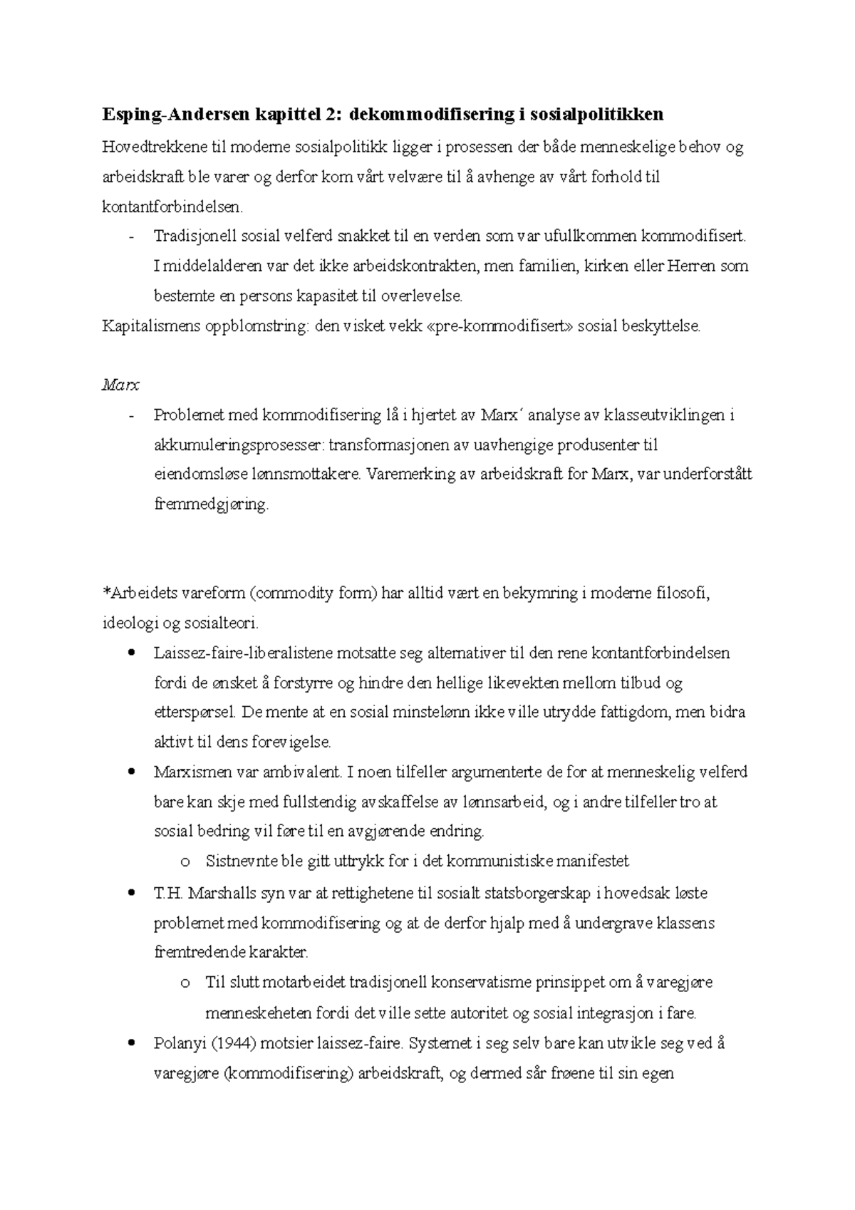 Esping-Andersen kap 2 - Sammendrag av Esping-­Andersen, G. (1990). The ...