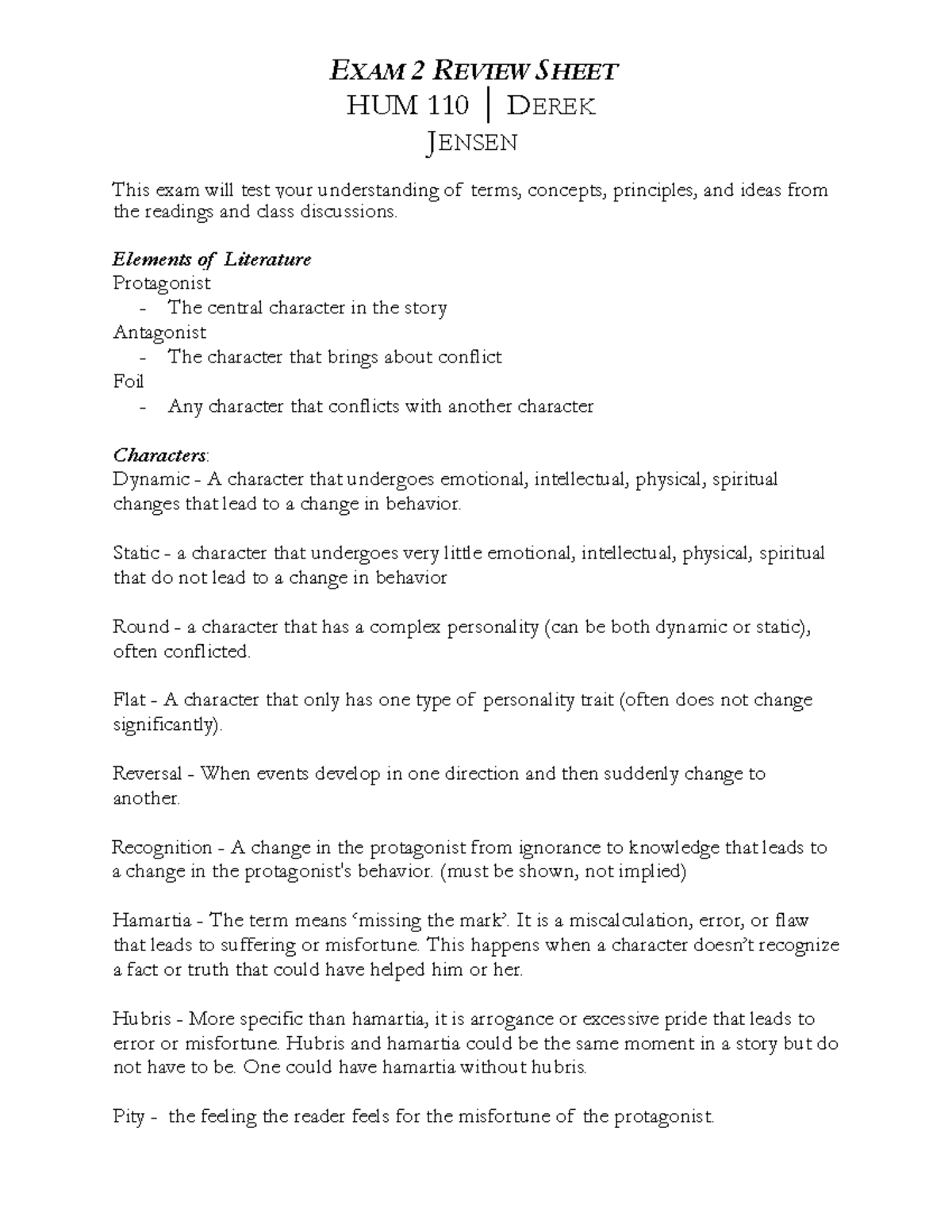 EXAM 2J Review - EXAM 2 REVIEW SHEET HUM 110 │ DEREK JENSEN This exam ...