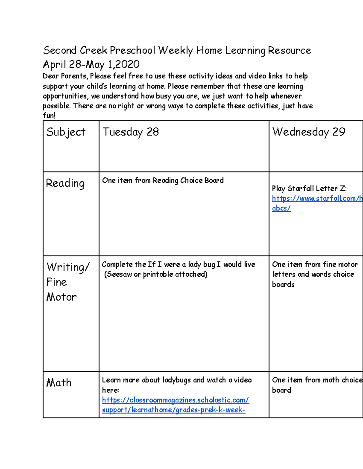 Preschool Weekly Home Learning Resource - Please remember that these ...