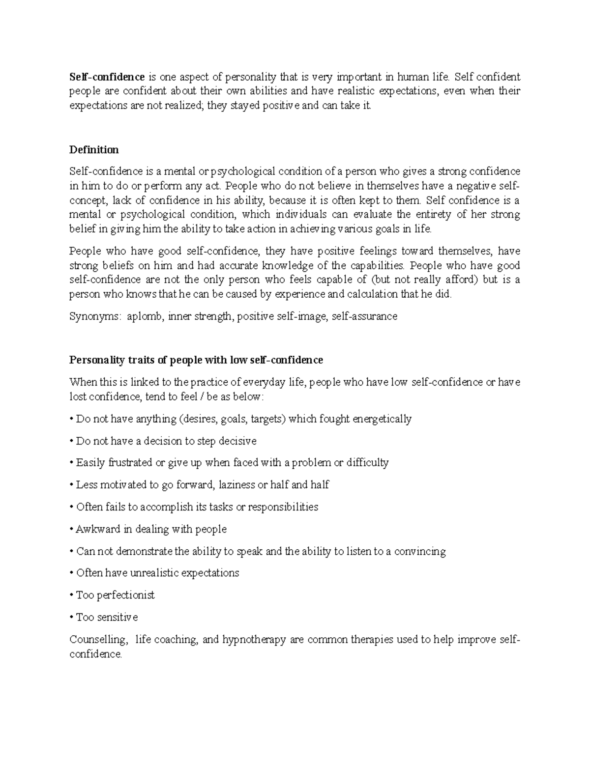 Self confidence - Self-confidence is one aspect of personality that is ...