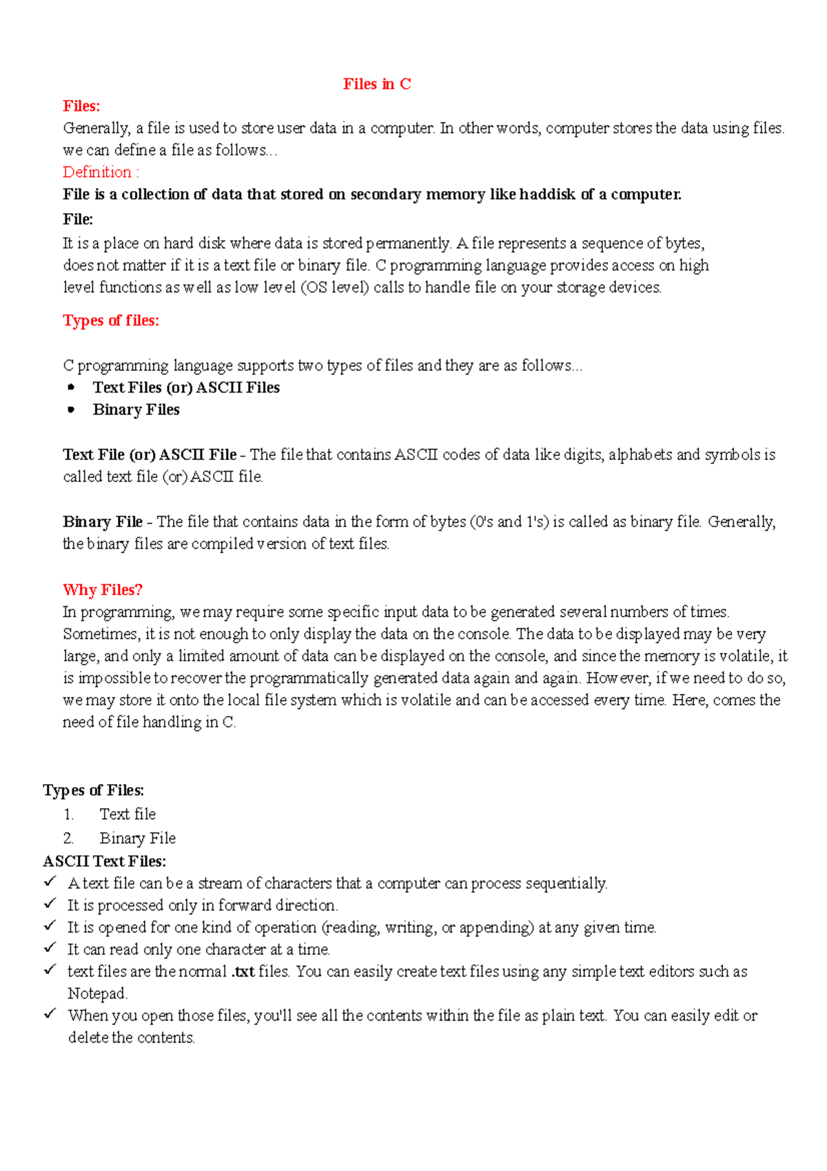 Files Notes Complete Files In C Files Generally A File Is Used To Store User Data In A