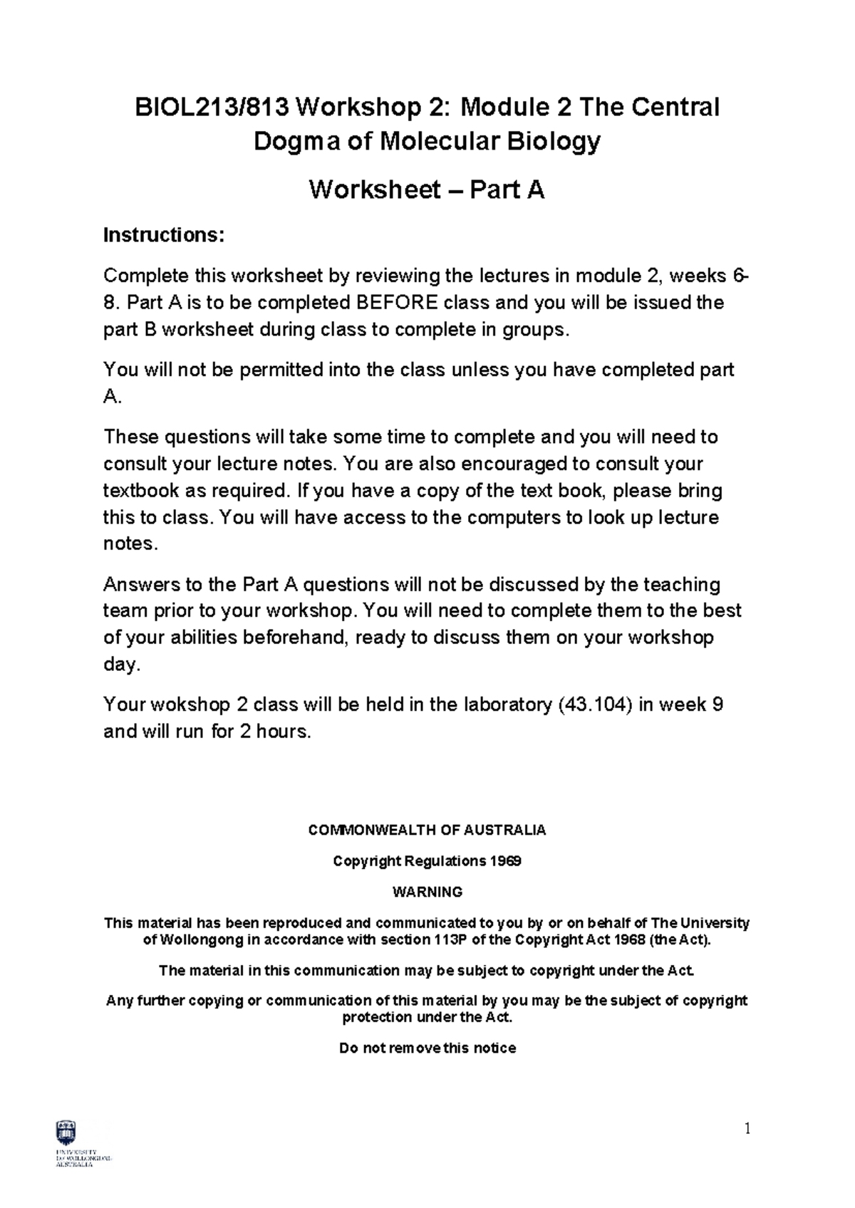 BIOL213 Module 2 Worksheet 2024 Part A - BIOL213/813 Workshop 2: Module ...