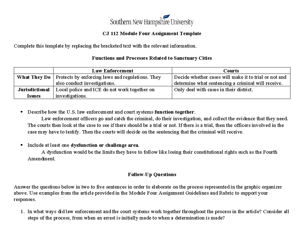CJ 112 Module Four Assignment - Functions and Processes Related to ...