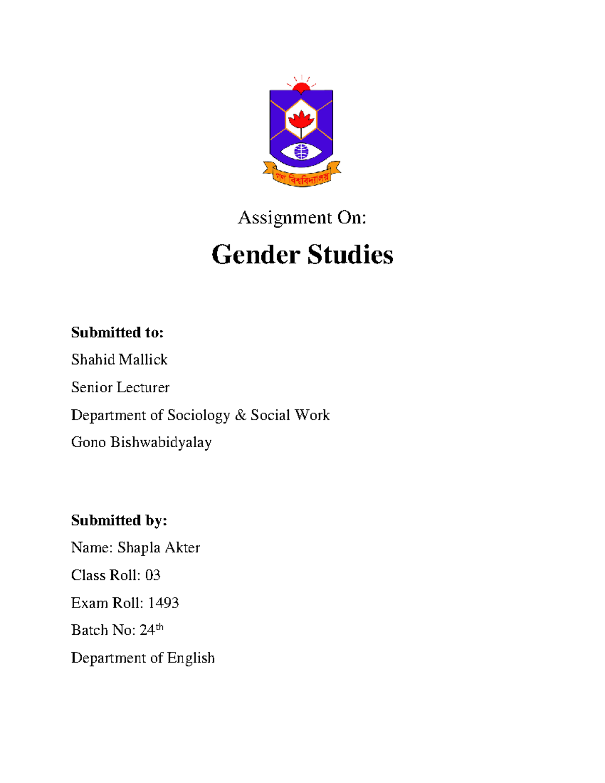 Shapla Akter Assignment On Gender Studies - Assignment On: Gender ...