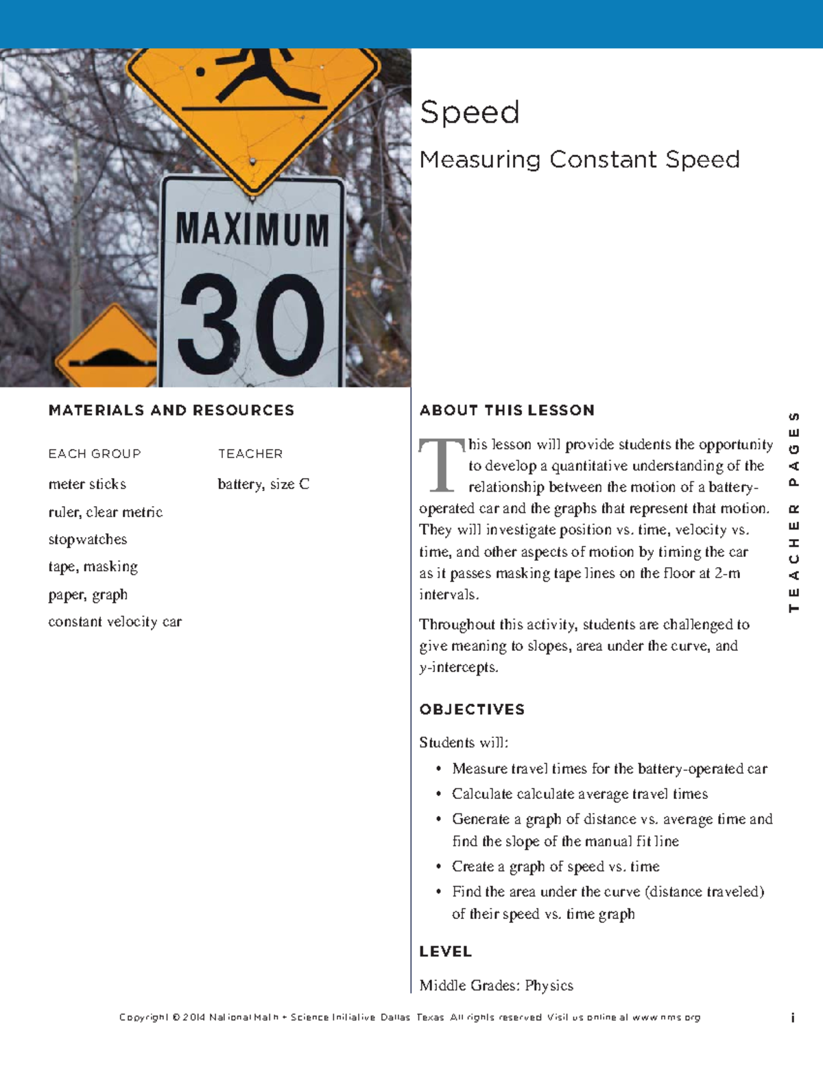 Speed NGSS - T E A C H E R P A G E S Copyright © 2014 National Math ...