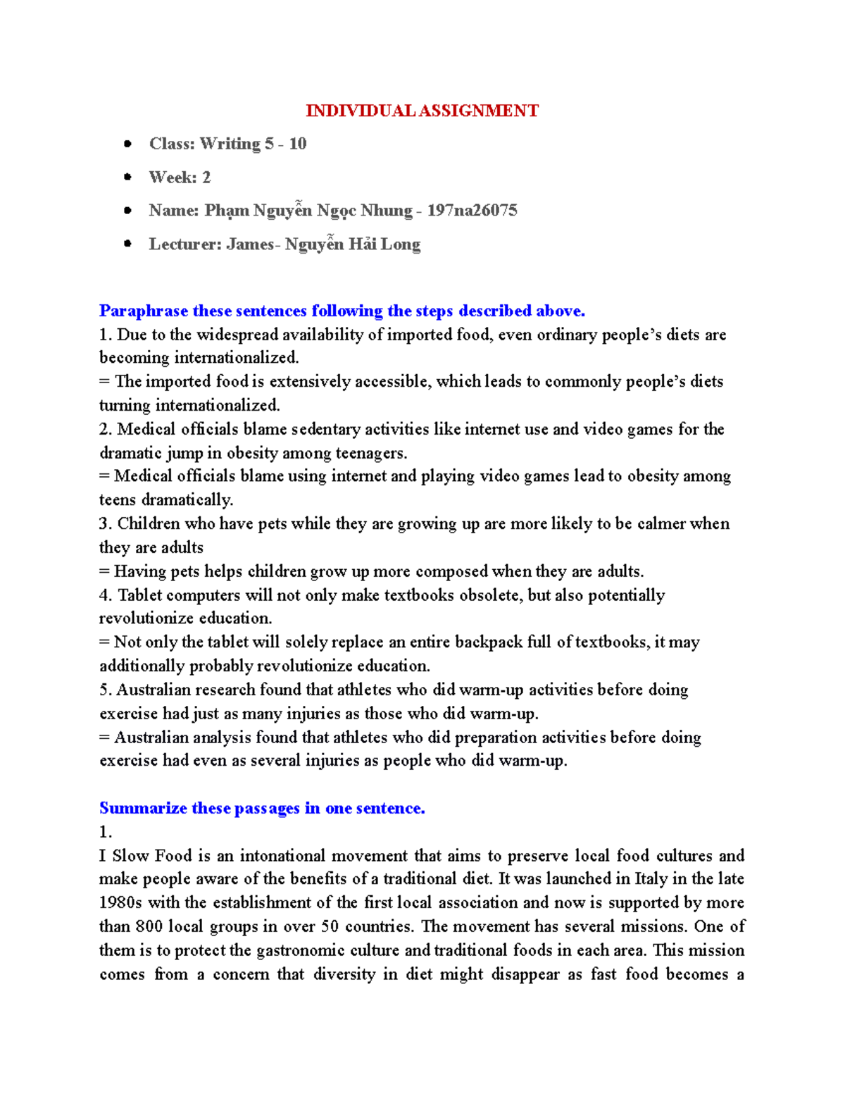 WEEK 1 Assignment - kkkk - INDIVIDUAL ASSIGNMENT Class: Writing 5 - 10 ...