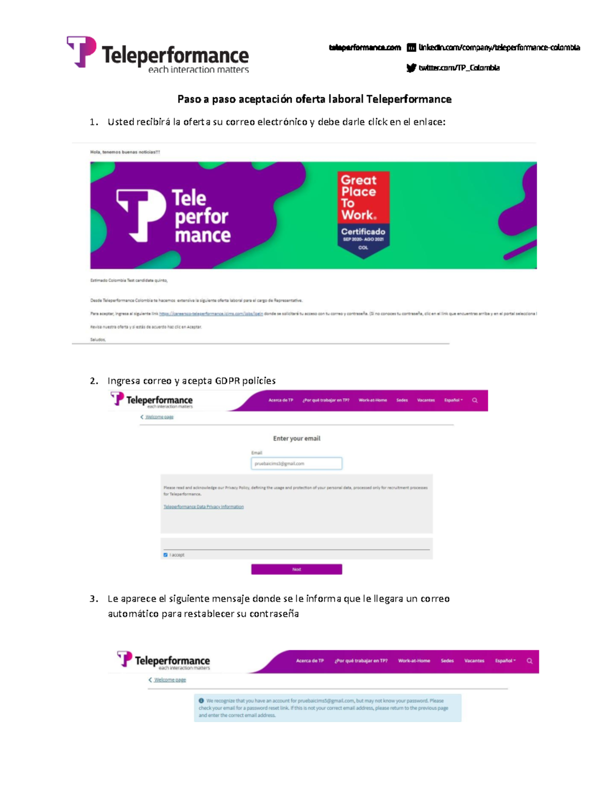 Paso a Paso Aceptación oferta (1) (2) - Paso a paso aceptaciÛn oferta laboral Teleperformance ...