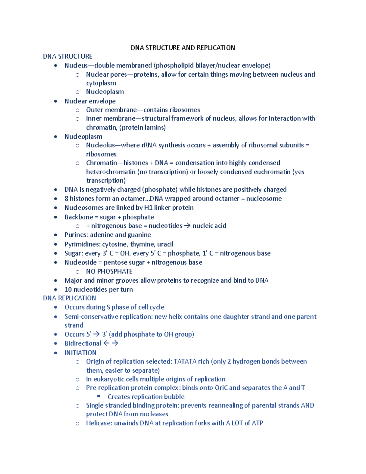 PCB 3063 EXAM 3 Notes: DNA and RNA - DNA STRUCTURE AND REPLICATION DNA ...
