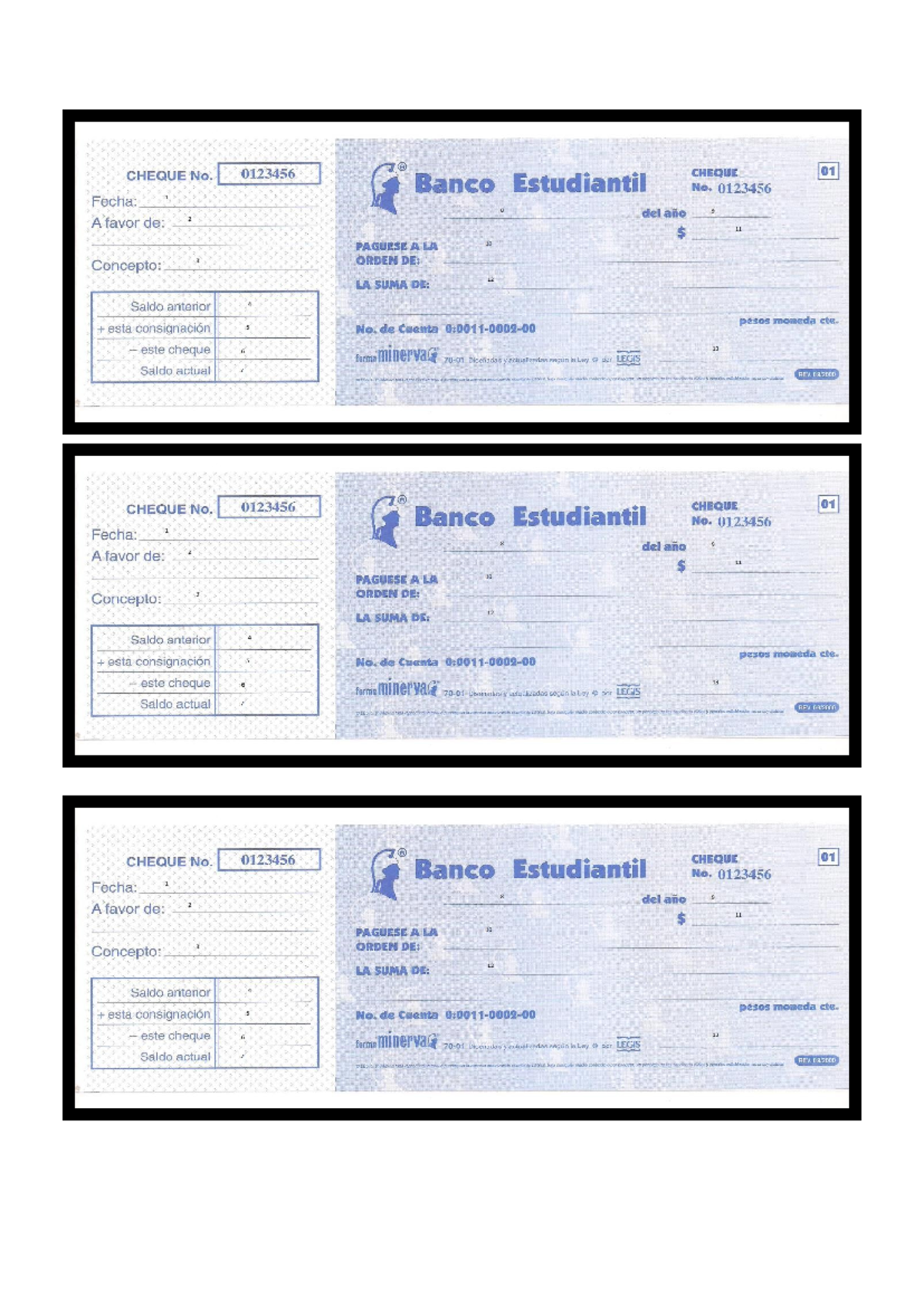 Cheque 1 - CHEQUE No. 0123456 CHEQUE 01 Banco Estudiantil No. 0123456 ...