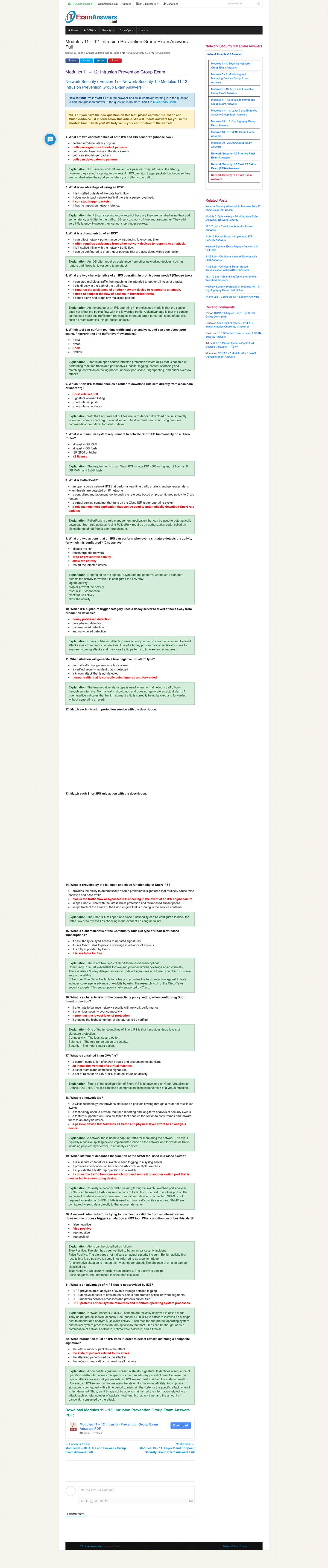 Modules 11 - 12 Intrusion Prevention Group Exam Answers Full - Modules ...