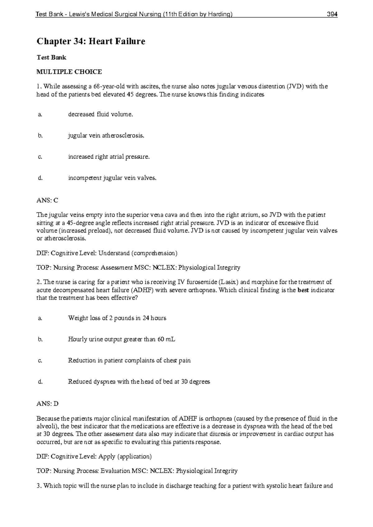 MED EXAM 1 - ASSIGNMENTS - Chapter 34: Heart Failure Test Bank MULTIPLE ...