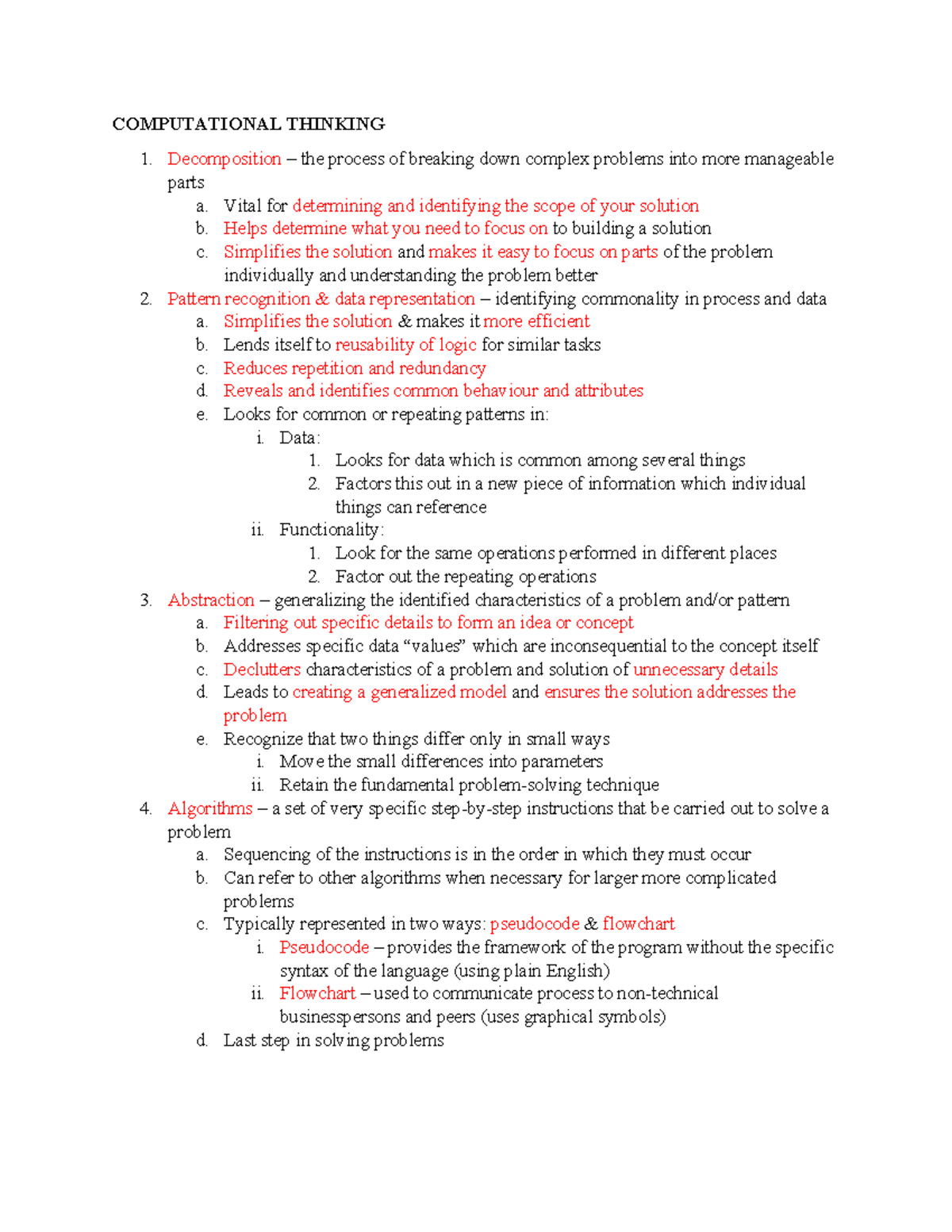 Quiz 1 to 3 Notes - COMPUTATIONAL THINKING Decomposition – the process ...