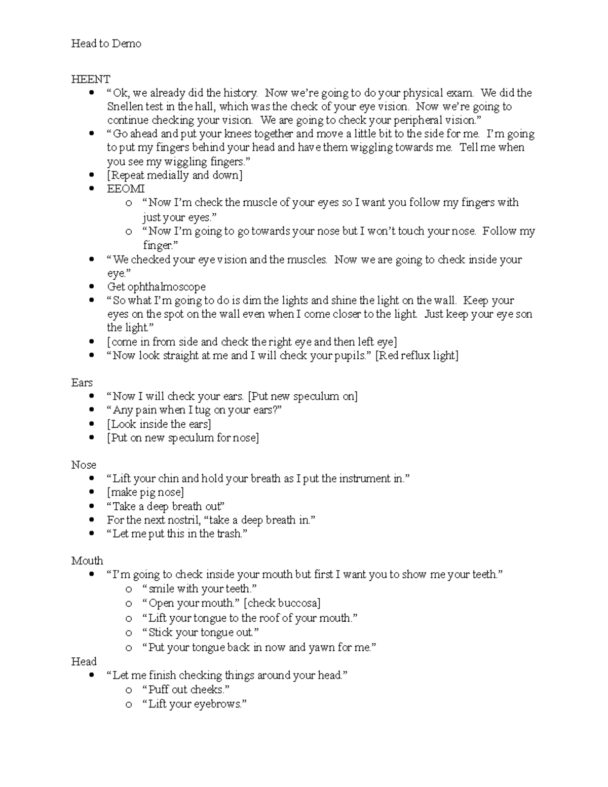 Physical Exam Script - Lecture notes from video - Head to Demo HEENT ...