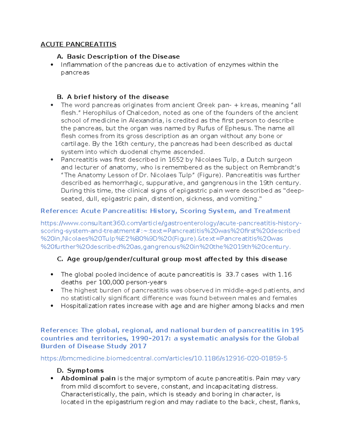 Acute Pancreatitis - ACUTE PANCREATITIS A. Basic Description of the ...