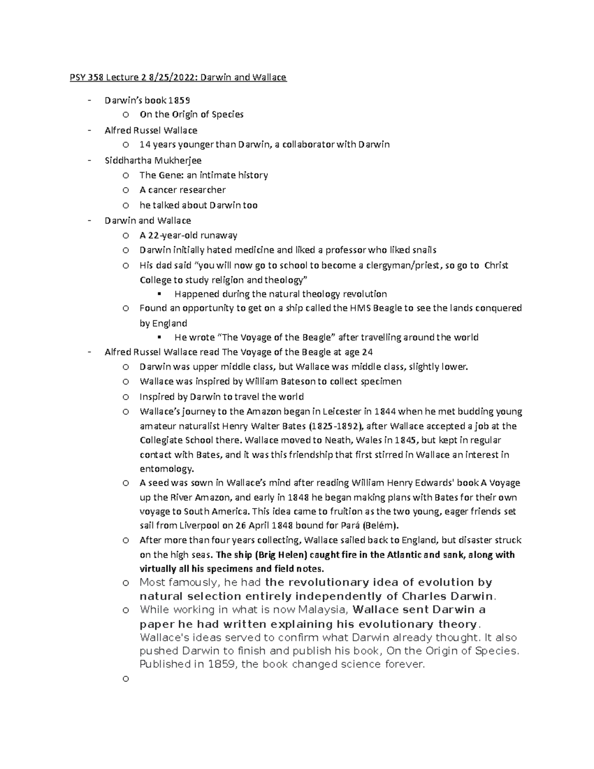 PSY 358 Lecture 2 from 8-25-2022 - PSY 358 Lecture 2 8/25/2022: Darwin and Wallace Darwin’s book ...