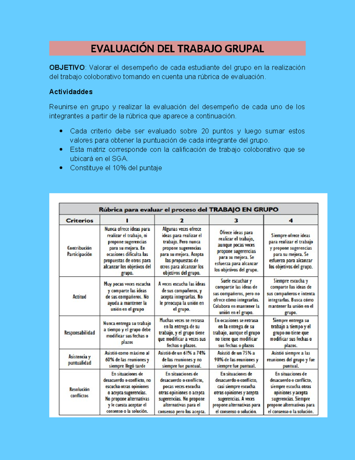 R brica trabajo grupal 9 - EVALUACIÓN DEL TRABAJO GRUPAL OBJETIVO: Valorar el desempeño de cada ...