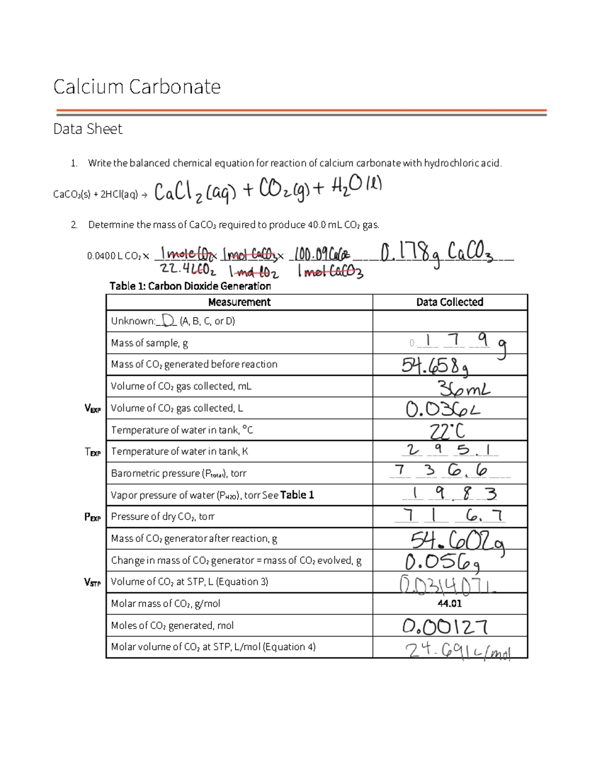 Experiment%207%20-%20Data%20Sheet%20(1) 2 - Calcium Carbonate Data ...