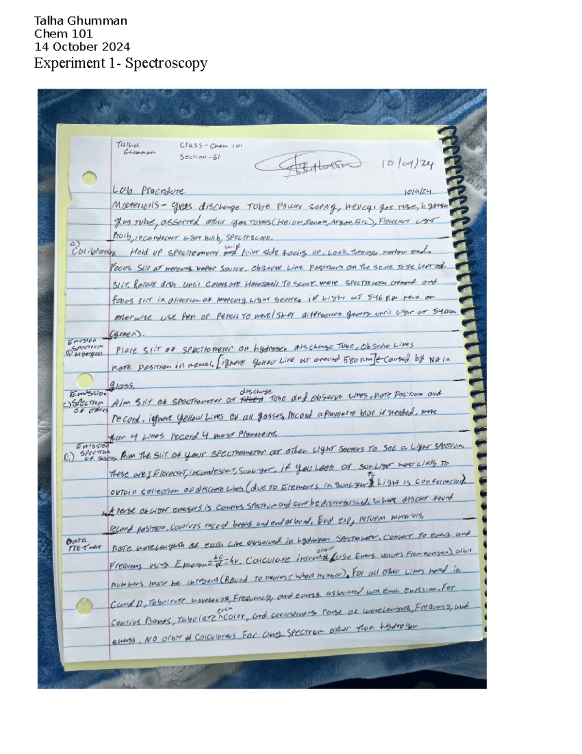 Experiment 1 - lab 1 - Chem 101 14 October 2024 Experiment 1 ...