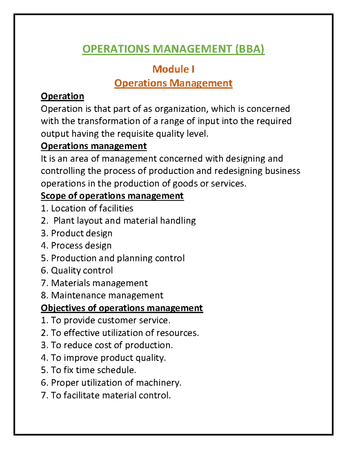 BBA - Operations Management- OPERATIONS MANAGEMENT (BBA) Module I ...