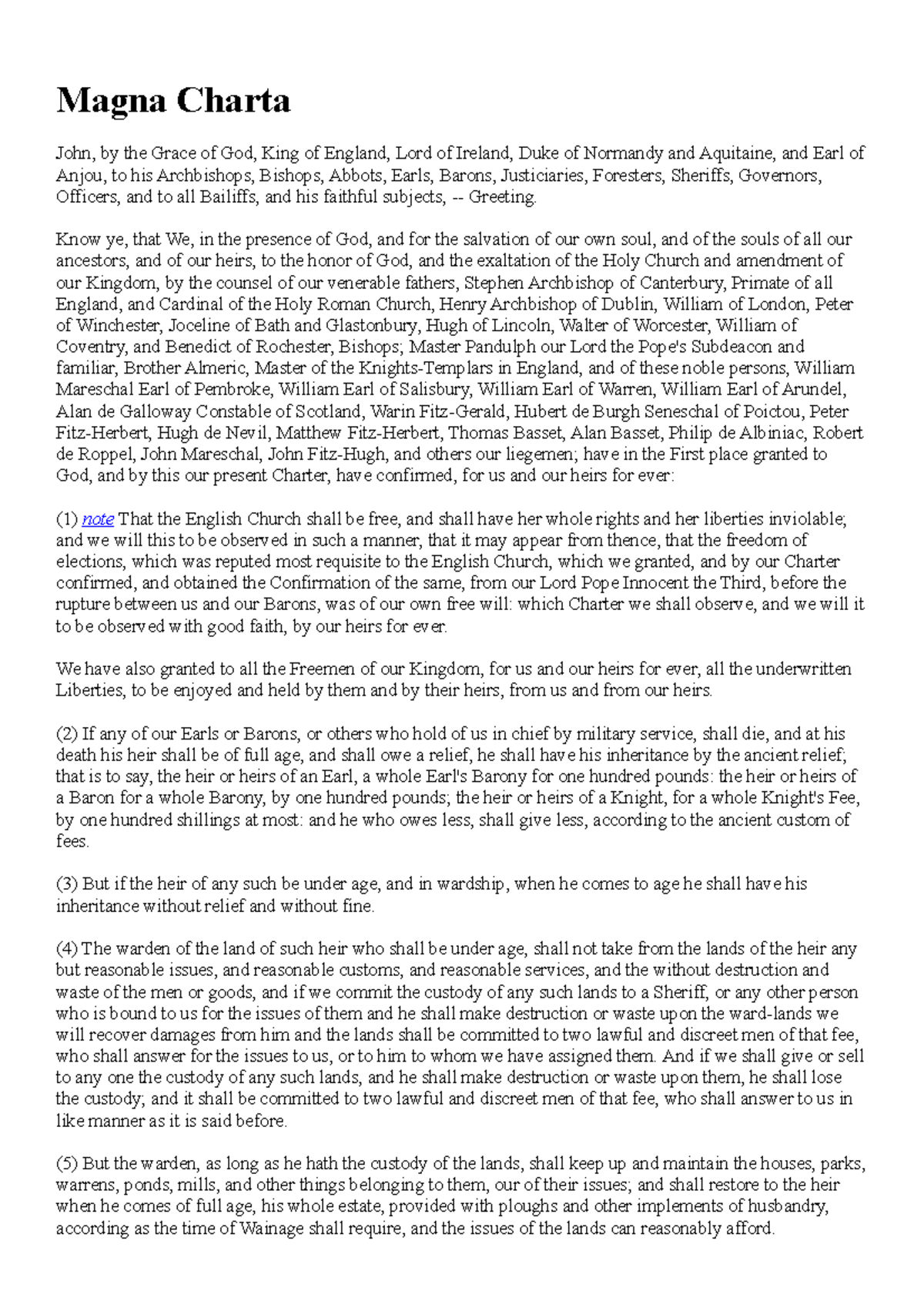 Magna Charta - English-Texts - Magna Charta John, by the Grace of God ...