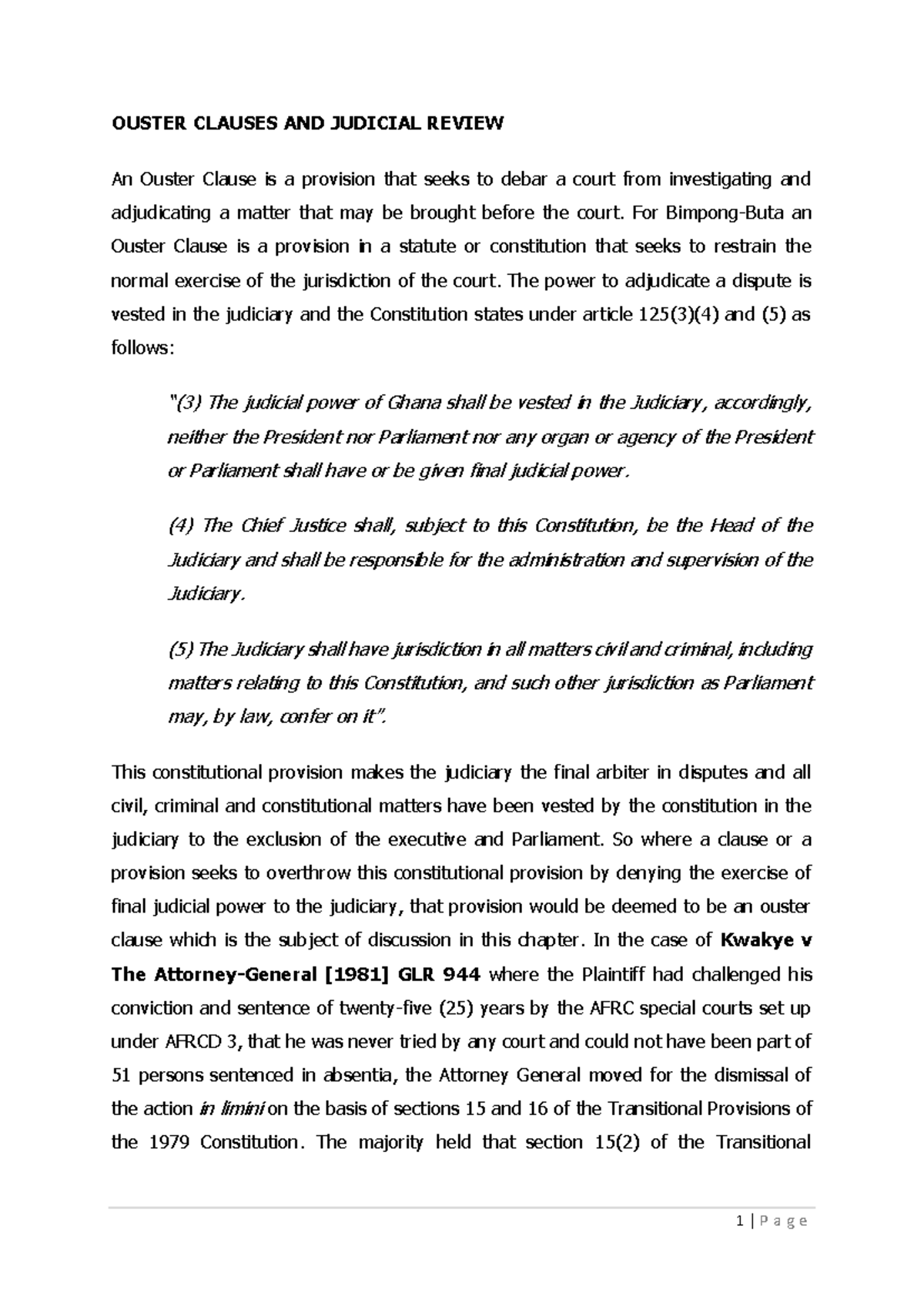 Lecture Notes VIII - OUSTER CLAUSES AND JUDICIAL REVIEW An Ouster ...