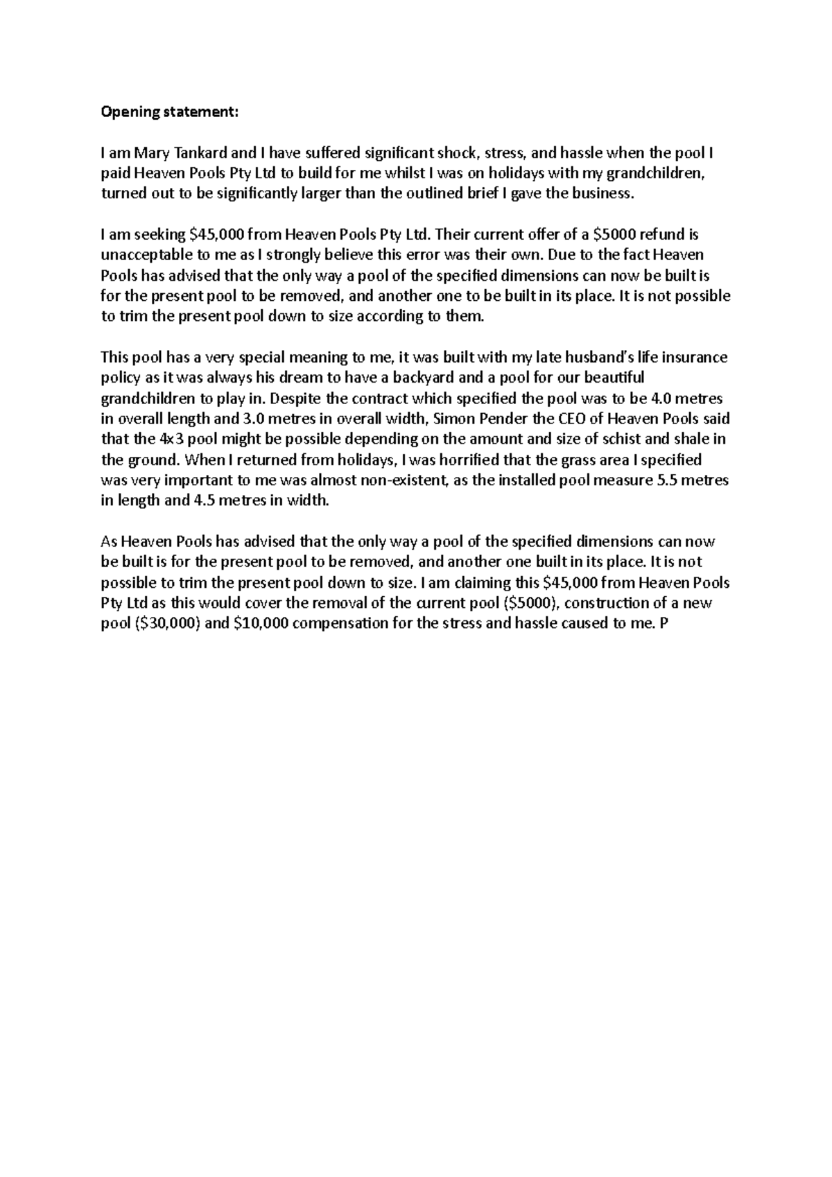 Opening statement Mediation role-play LLB103 - Opening statement: I am ...