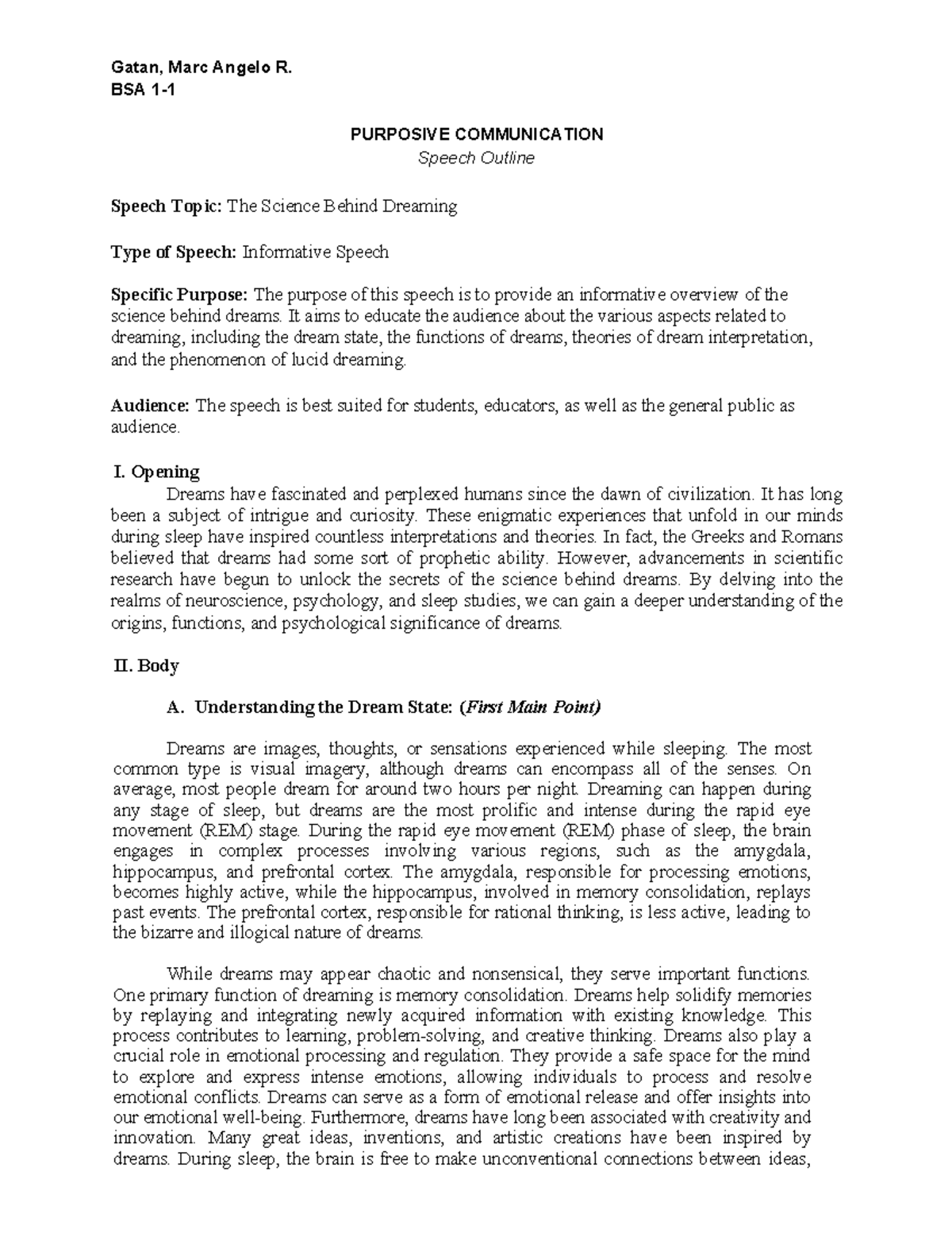 Comm Speech Draft - Gatan, Marc Angelo R. BSA 1- PURPOSIVE COMMUNICATION Speech Outline Speech ...