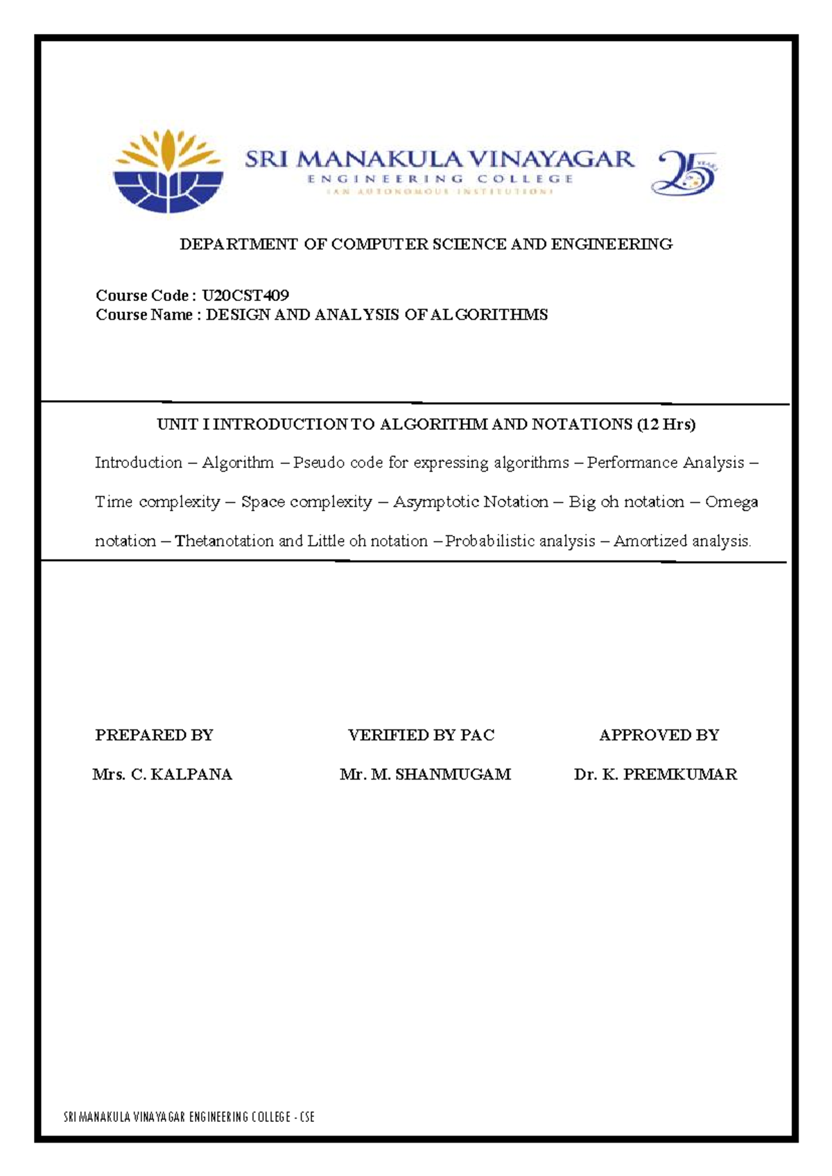 UNIT I DAA - Introduction of algorithm and notations - DEPARTMENT OF ...