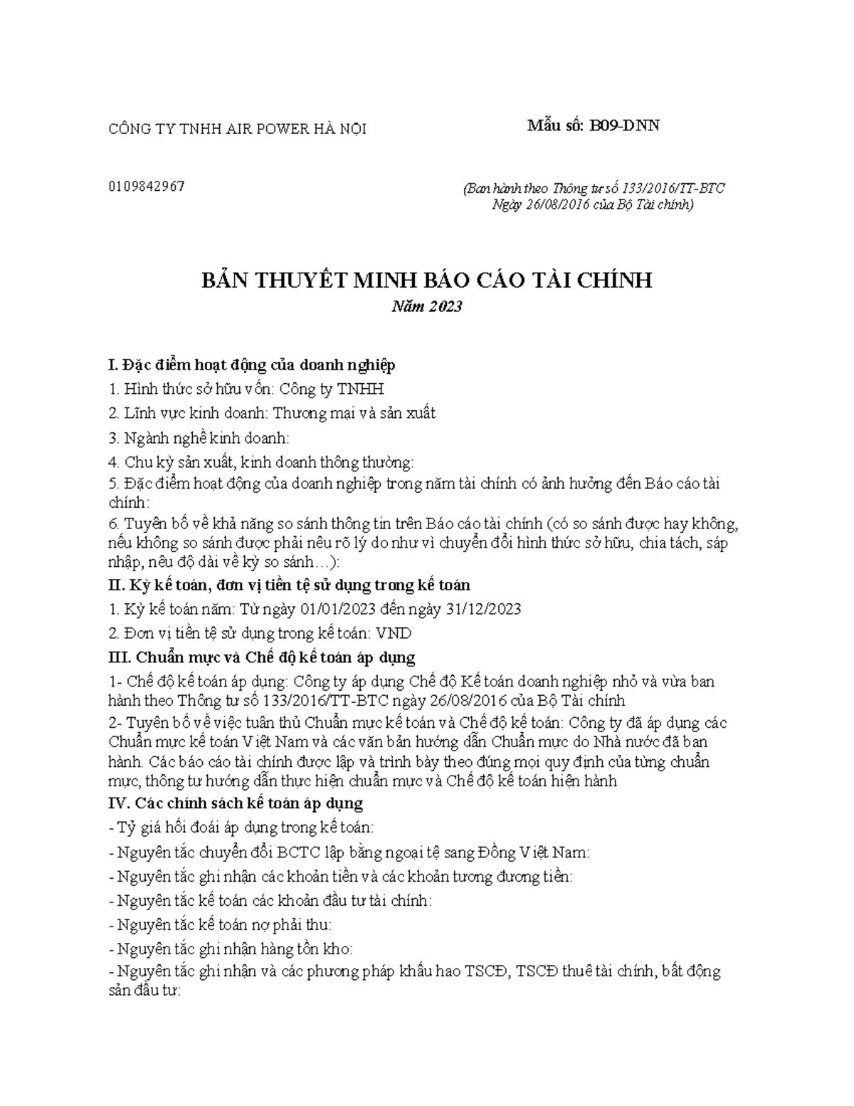 TM BCTC 2023 - CÔNG TY TNHH AIR POWER HÀ NỘI Mẫu số: B09-DNN (Ban hành theo Thông tư số - Studocu