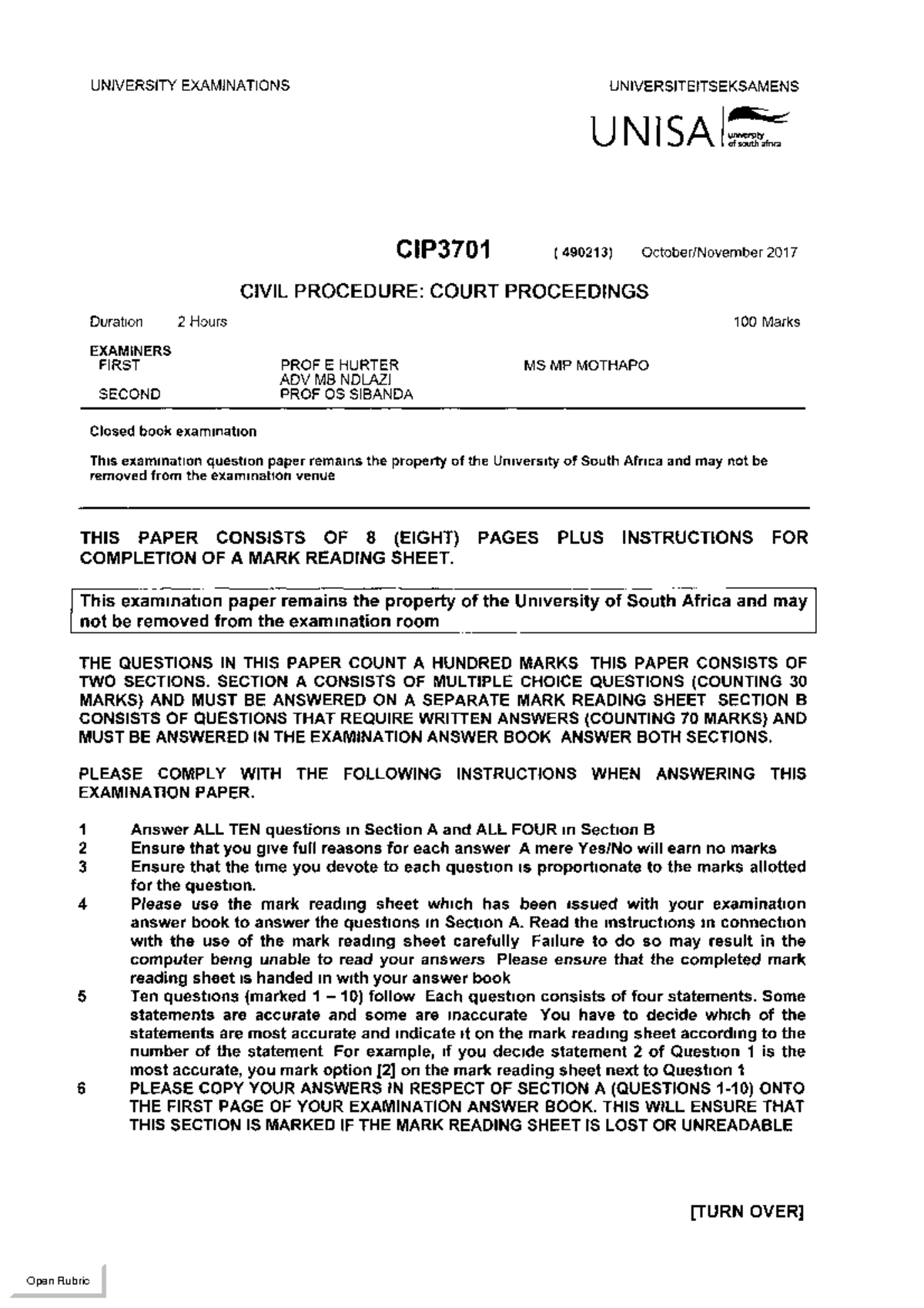 Unisa- Exam Paper 2017 10 - LCR500 - Open Rubric - Studocu