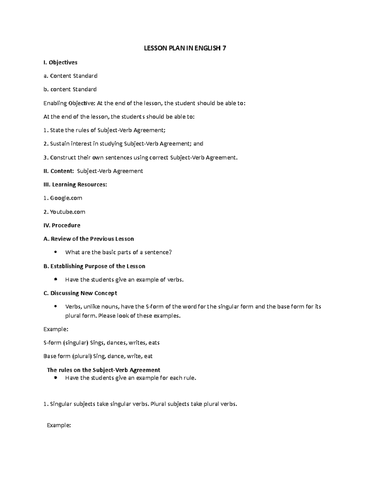 Lesson PLAN Grade 7 base on MELC Subject and Verb Agreement for review ...